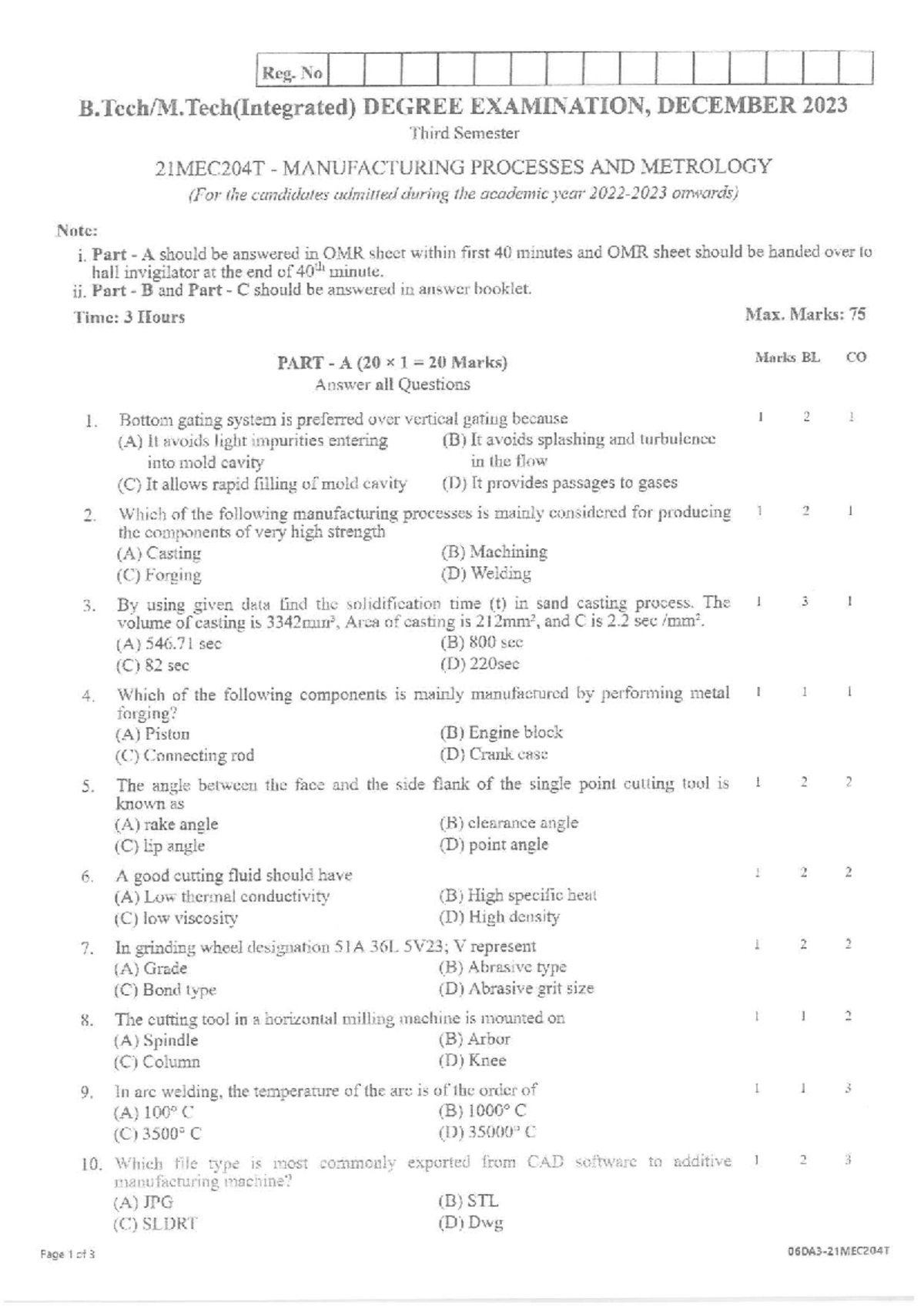 21MEC204T Final Exam Notes on Manufacturing Processes and Metrology ...