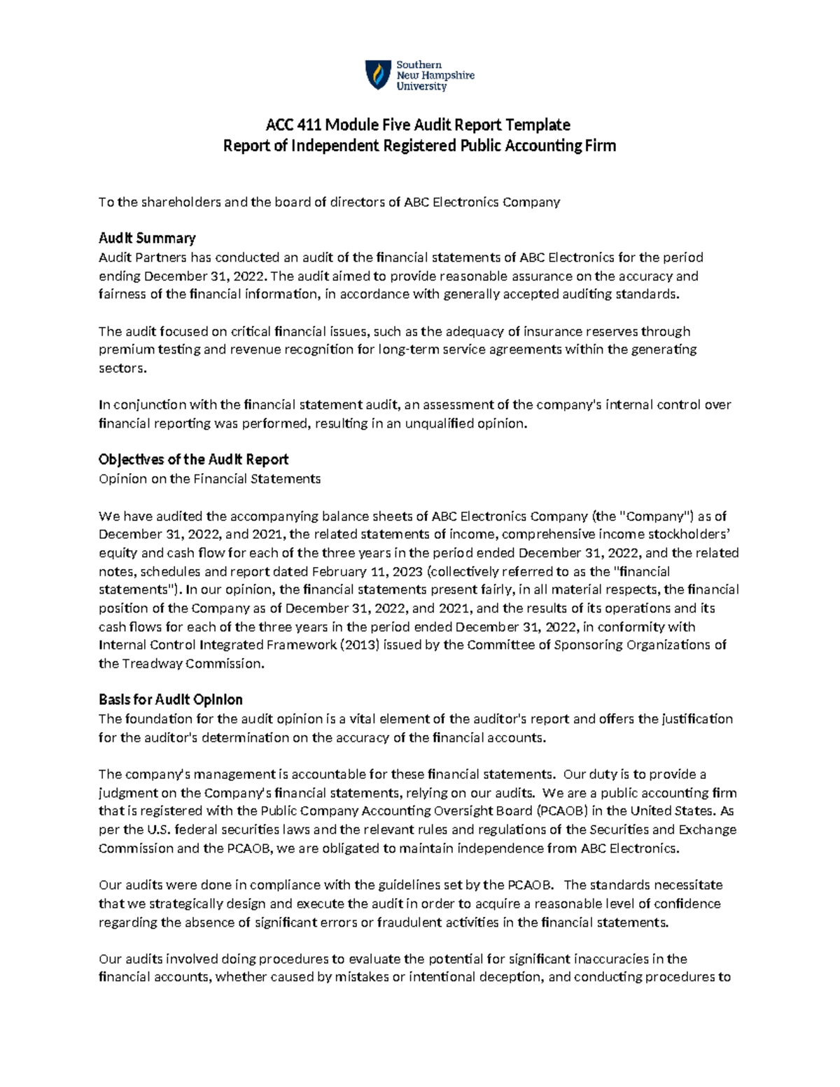 ACC 411 Module Five Audit Report Template Summary and Findings - Studocu