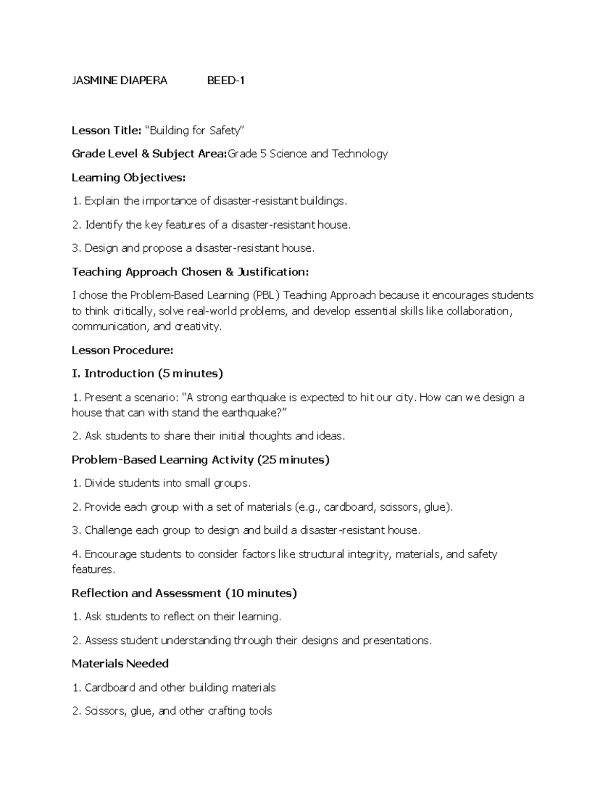 BEED-1 Mini Lesson Plan: Building for Safety in Grade 5 Science - Studocu