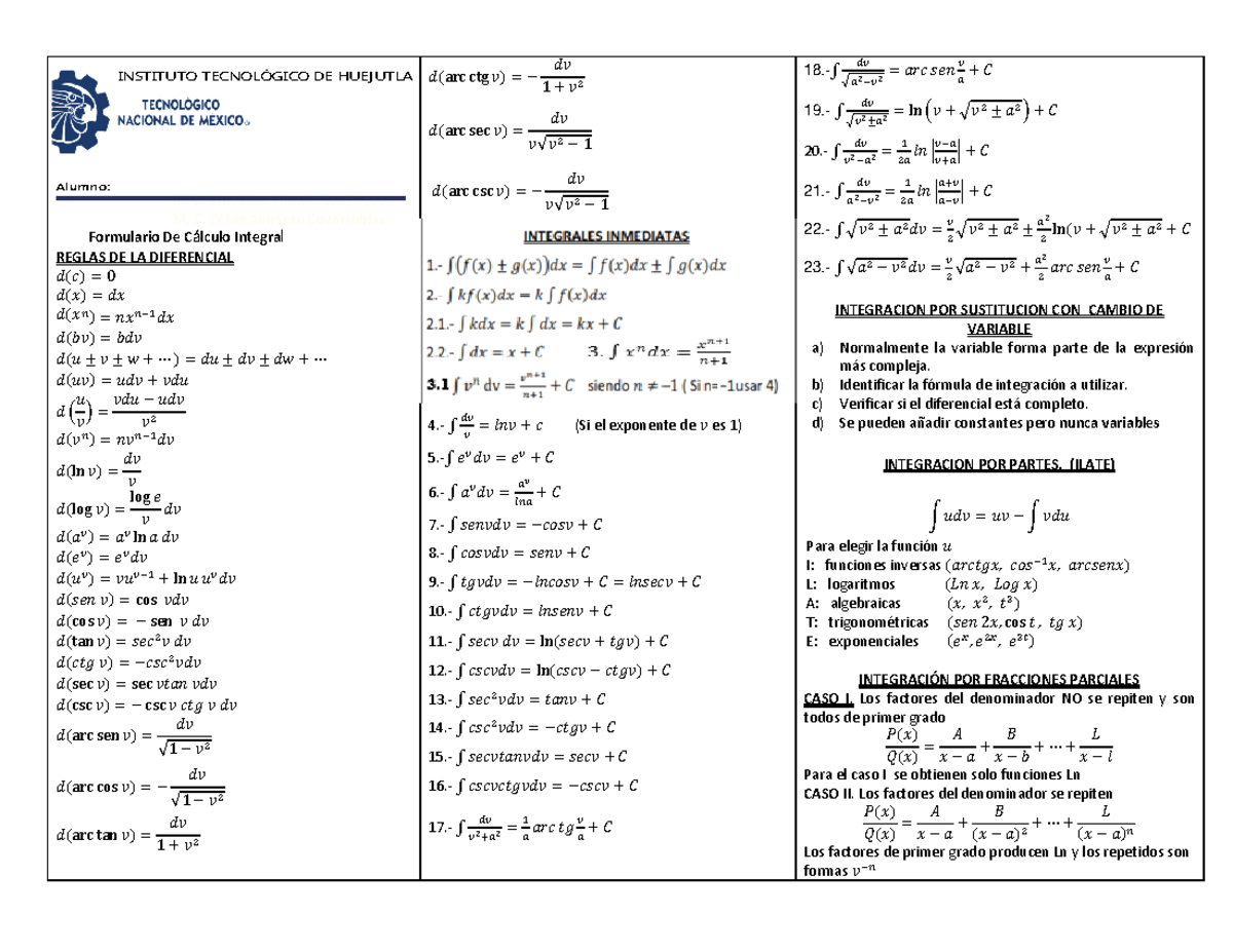 Formulario de Cálculo Integral - INTEGRALES y Técnicas de Integración ...