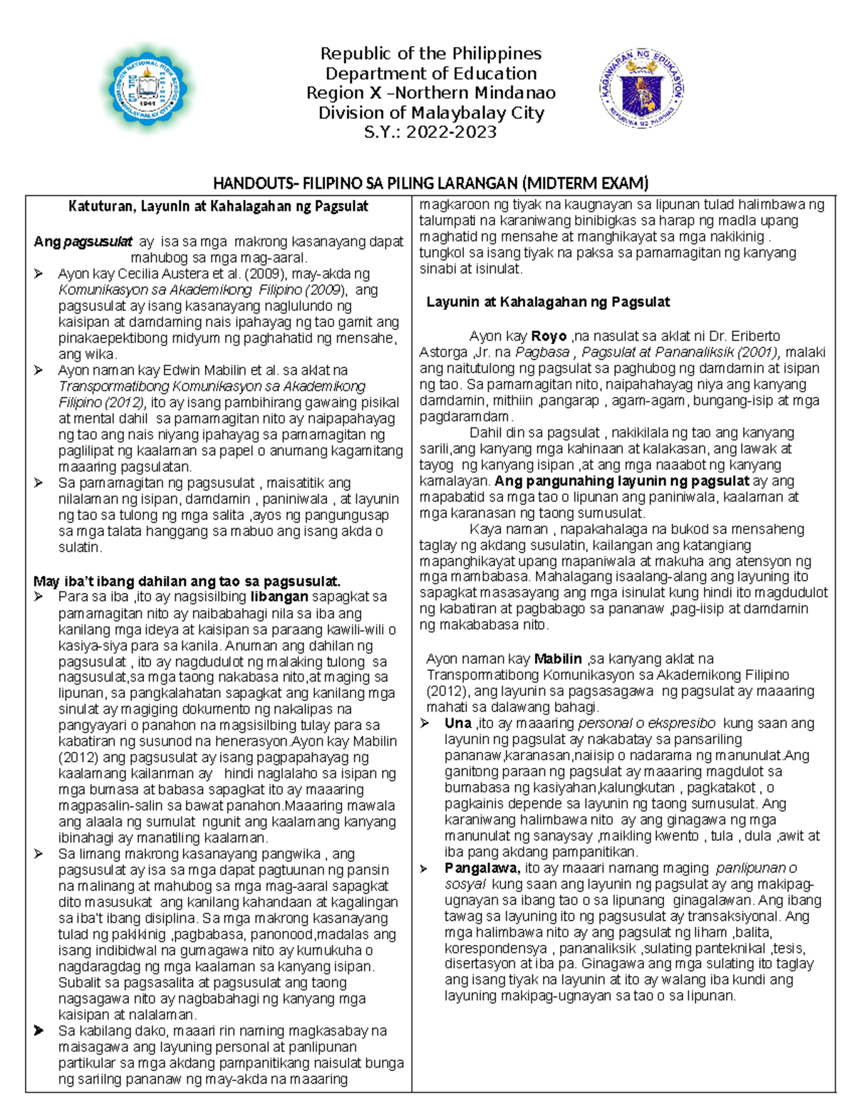 Midterm Handouts for FIL12: Pagsulat at Kahalagahan ng Pagsulat - Studocu