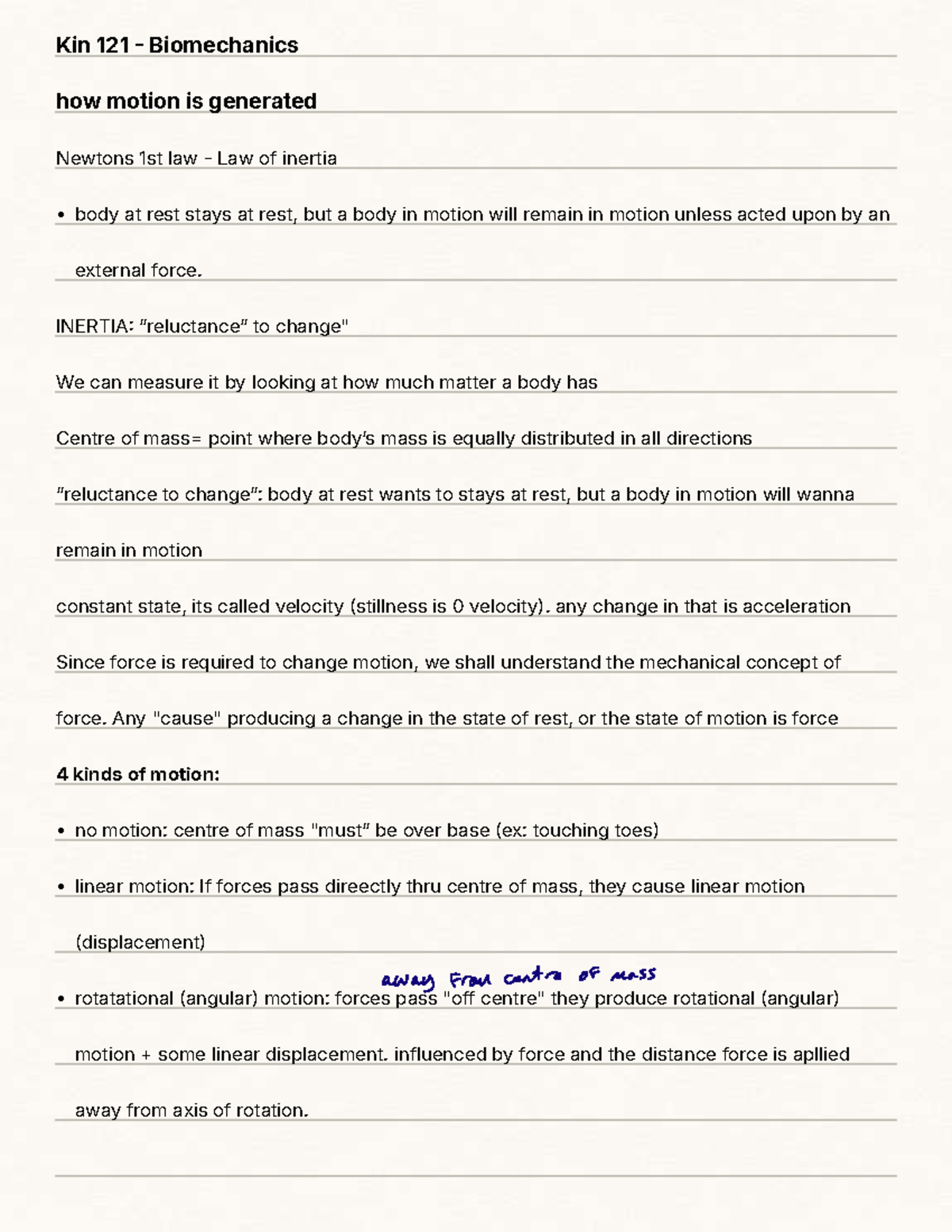 Kin 121 Biomechanics: Understanding Motion and Newton's Laws - Studocu