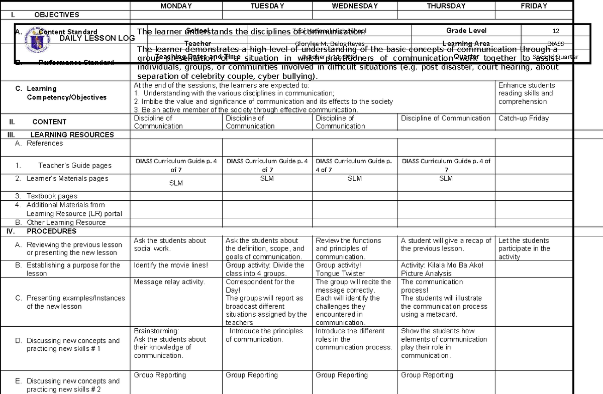 DIASS Week 1 Quarter 2 - Teaching Communication Concepts and Activities ...