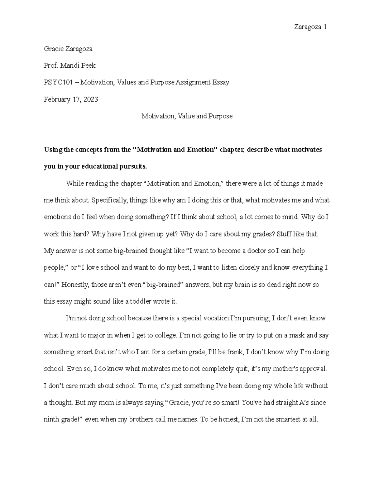 PSYC101 - Essay on Personal Motivation, Values, and Purpose - Studocu