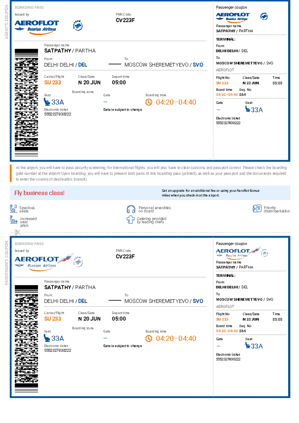 Boarding Pass for Flight SU 233 - Satpathy (PNR: CV223F) - Studocu