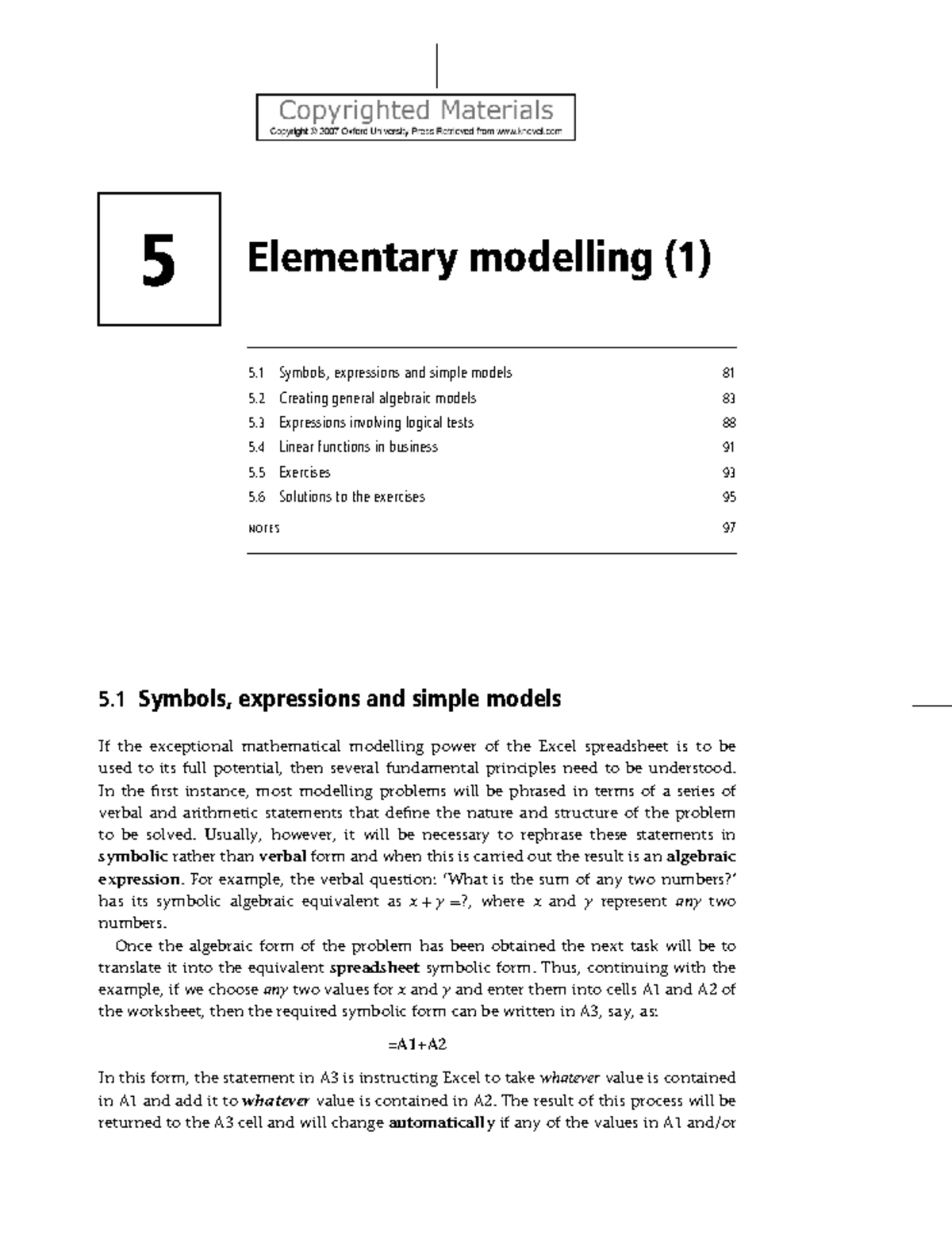 Elementary Modelling in Excel: Algebraic Functions & Applications (1 ...