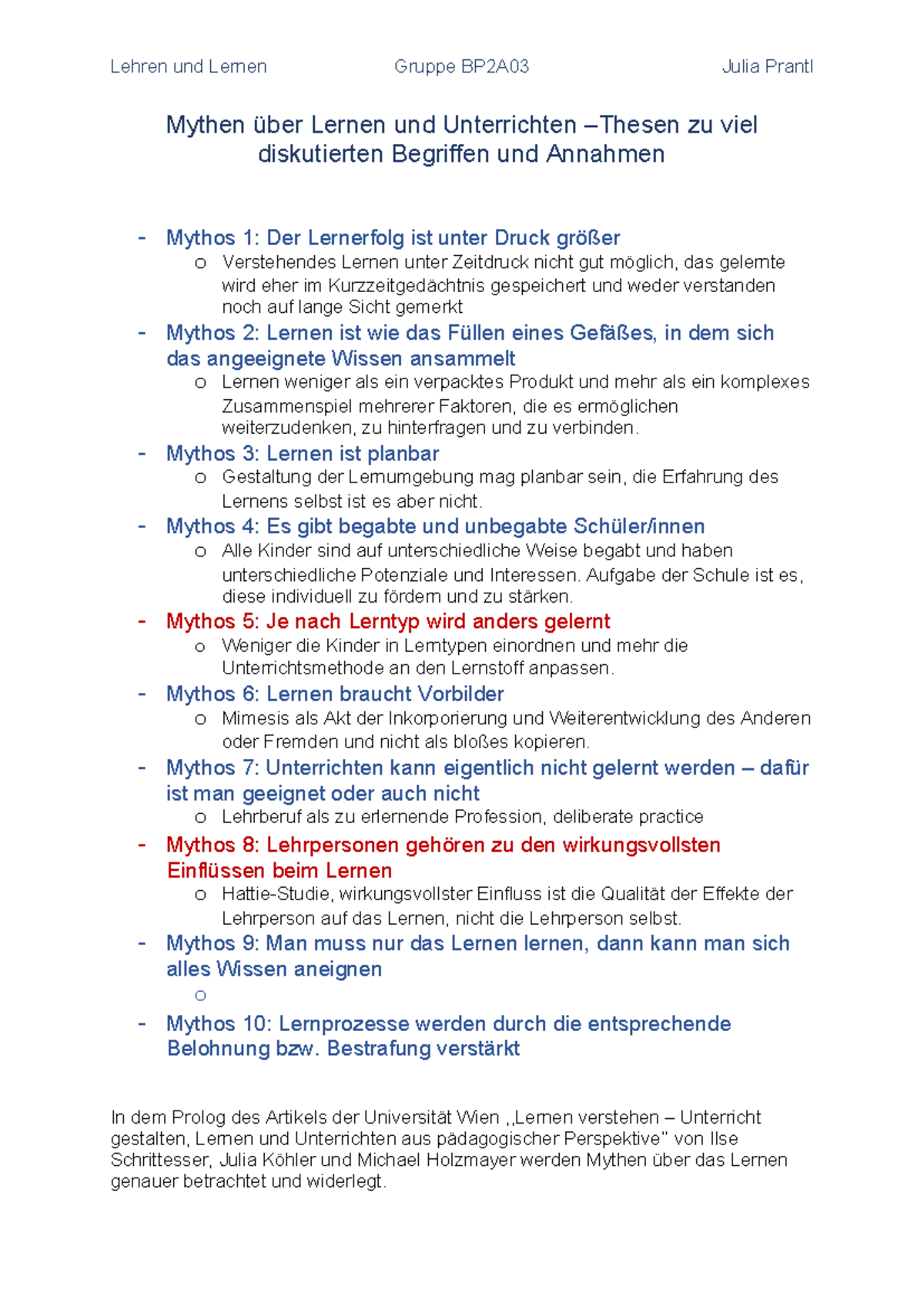 Mythen über Lernen und Unterrichten – Thesenanalyse BP2A03 - Studocu
