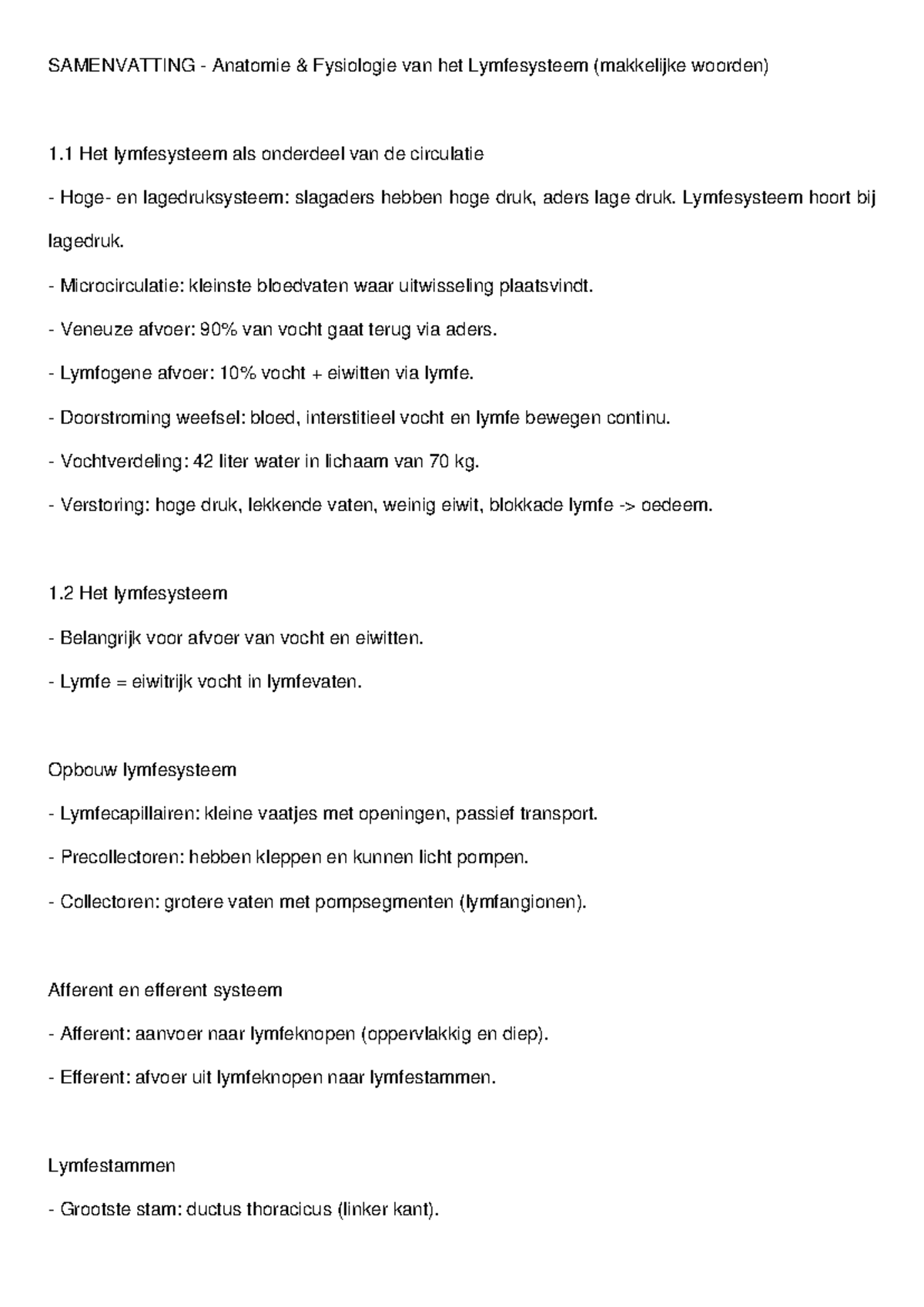 Samenvatting Anatomie en Fysiologie Lymfesysteem - Studeersnel