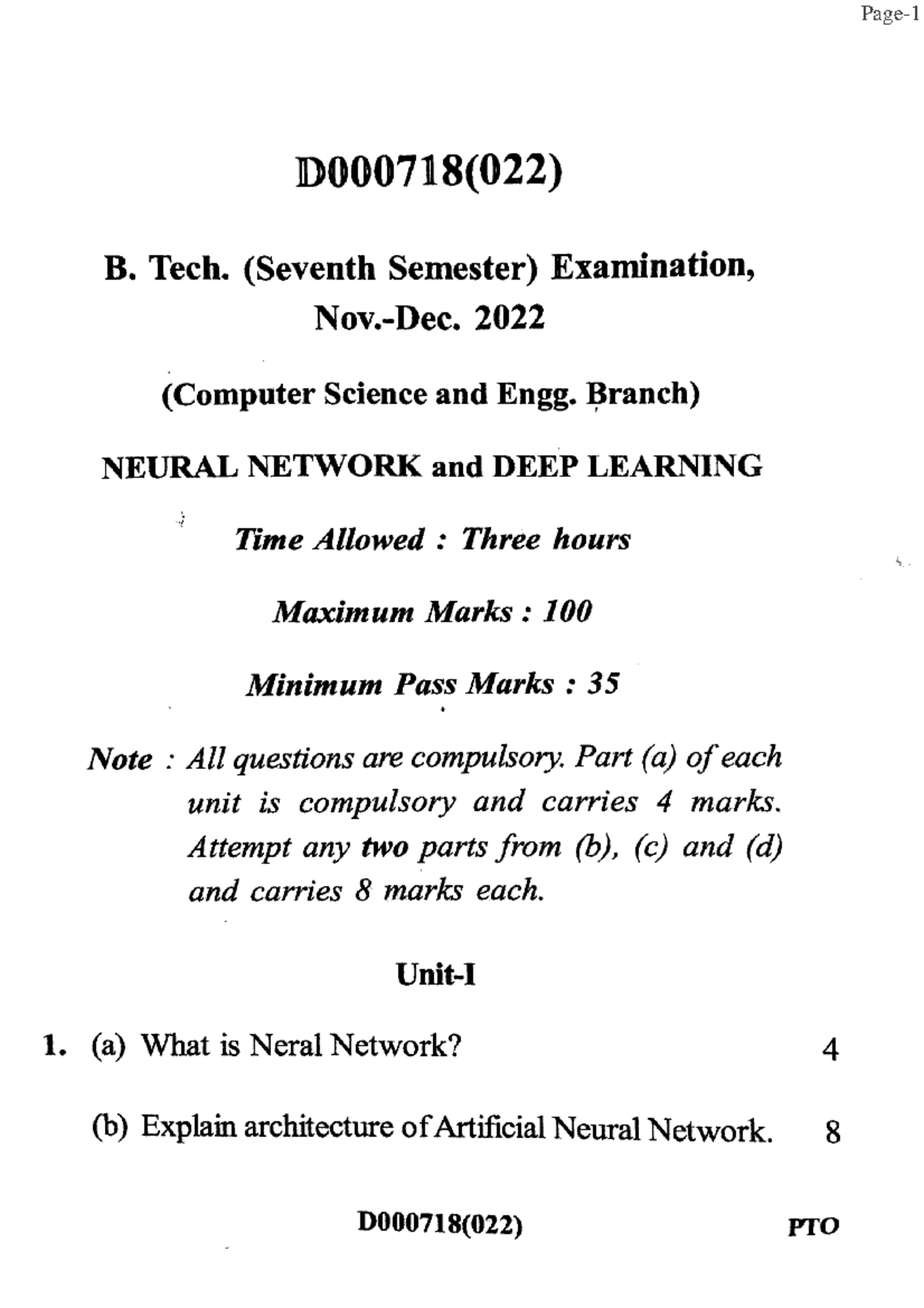BTech CS 7 Sem Final Exam: Neural Networks & Deep Learning D000718 Dec ...