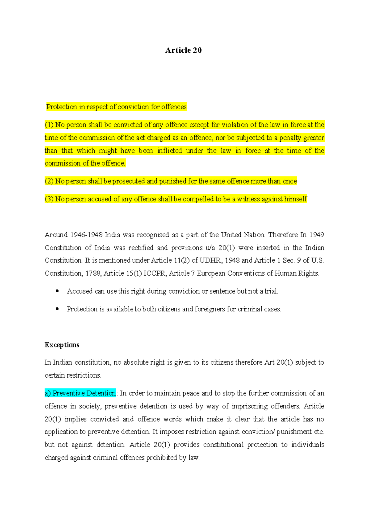 Notes on Article 20 - Protection Against Conviction Rights - Studocu