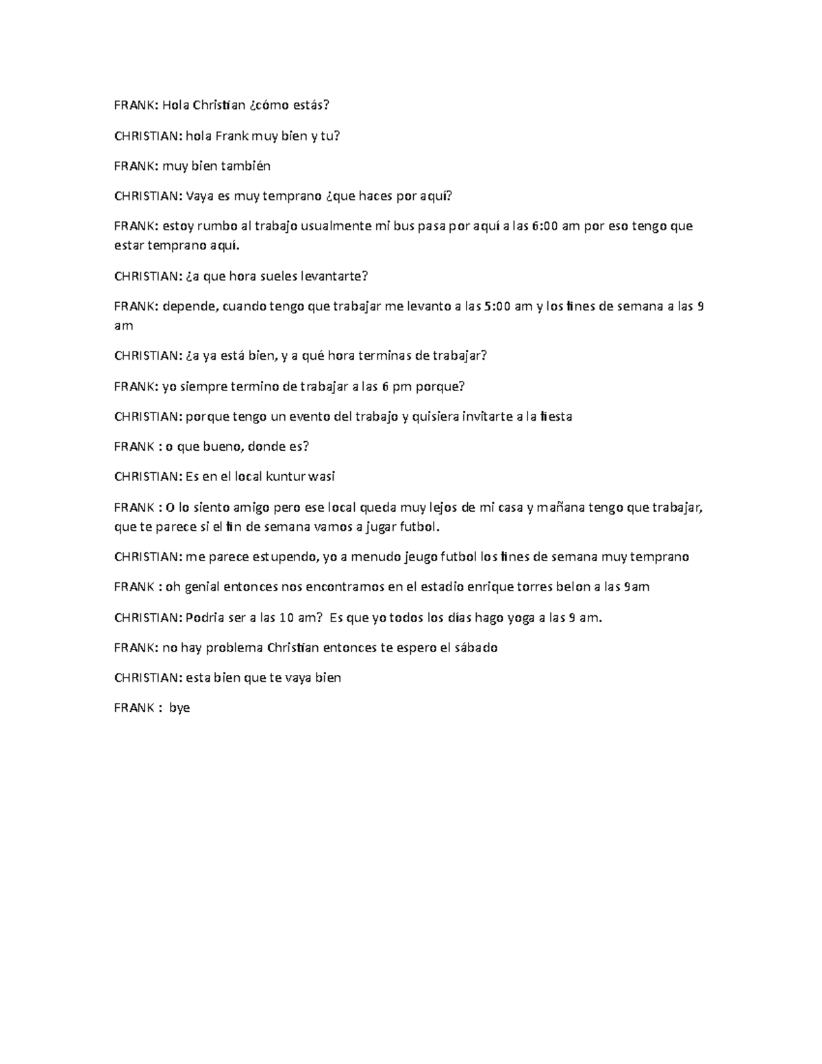 Dialogo entre dos personas sobre rutinas diarias, utilizando presente ...