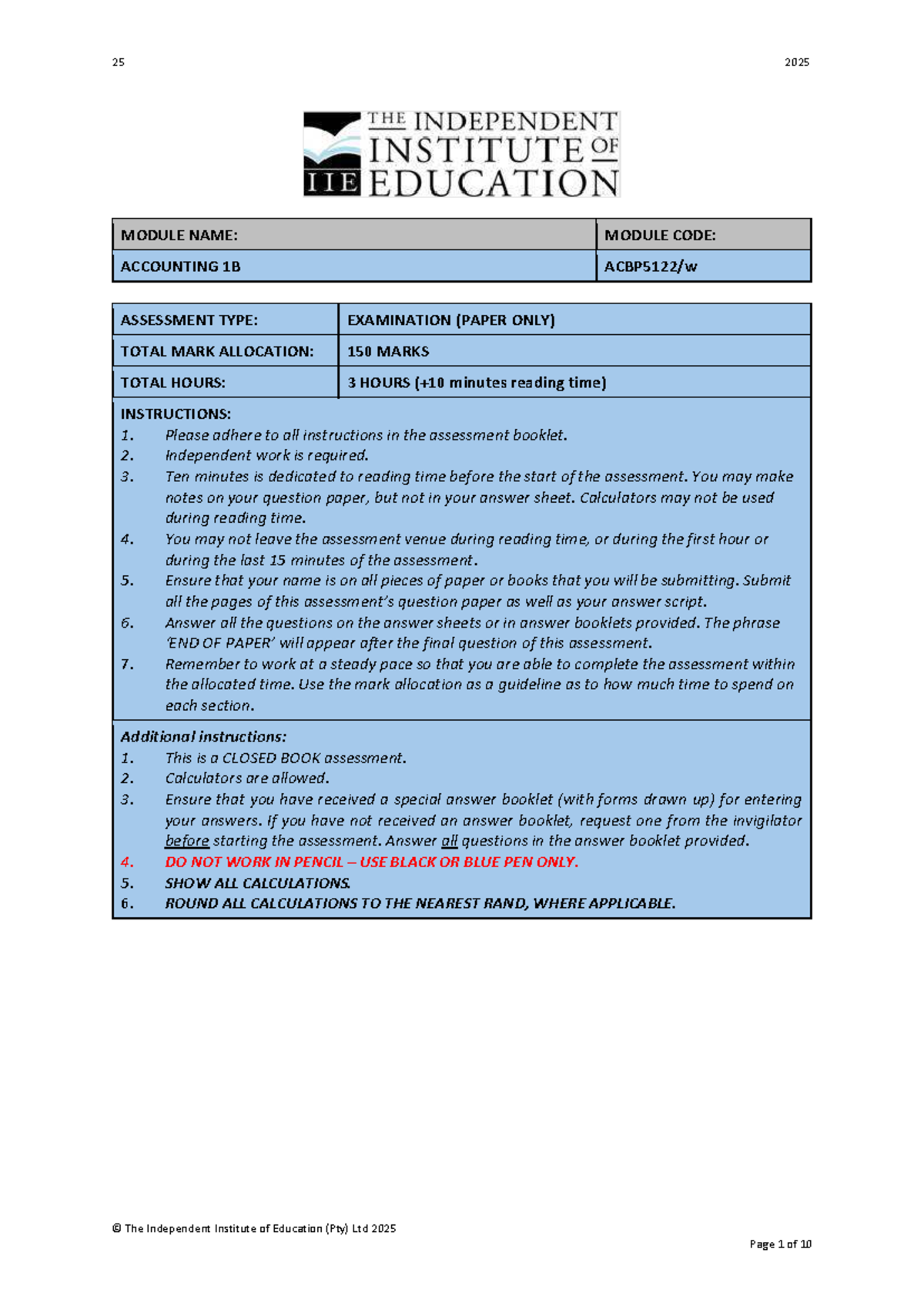 ACBP5122/w Final Exam - Accounting 1B - Studocu