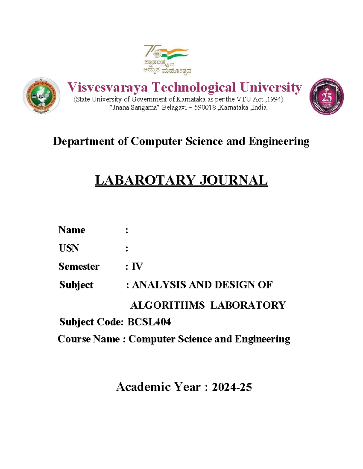 DAA LAB Manual BCSL404 - VTU Semester IV - Studocu
