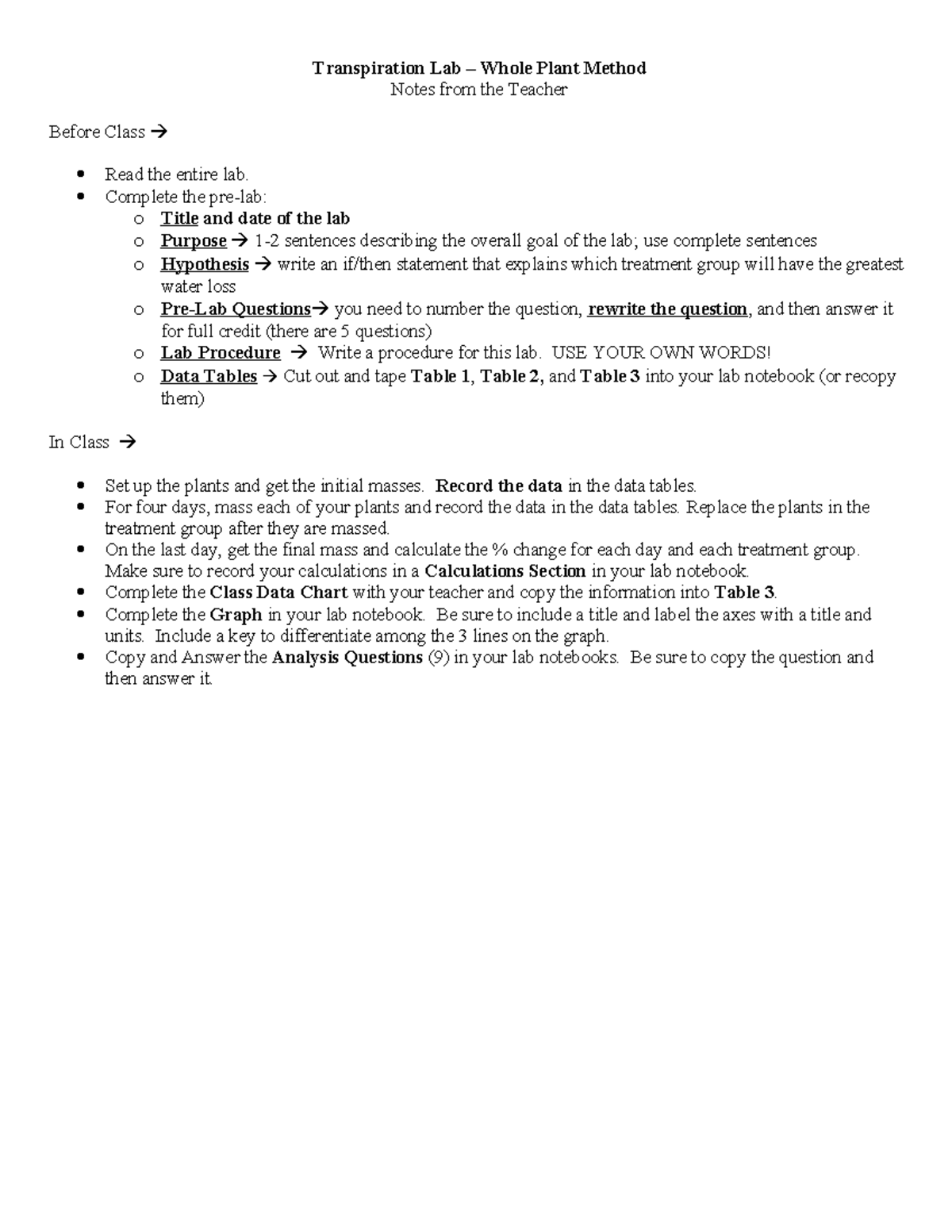 Transpiration Lab - Whole Plant Method - Revised 2016 - Transpiration ...