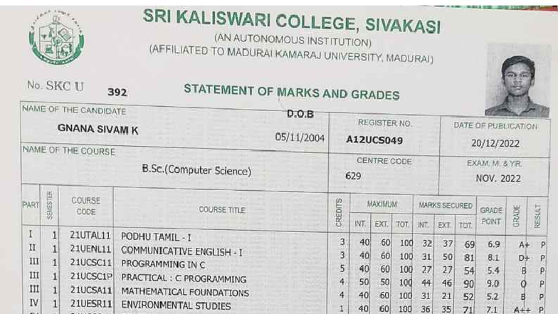 Statement of Marks and Grades for M.Sc. (Computer Science) - Nov 2022 ...