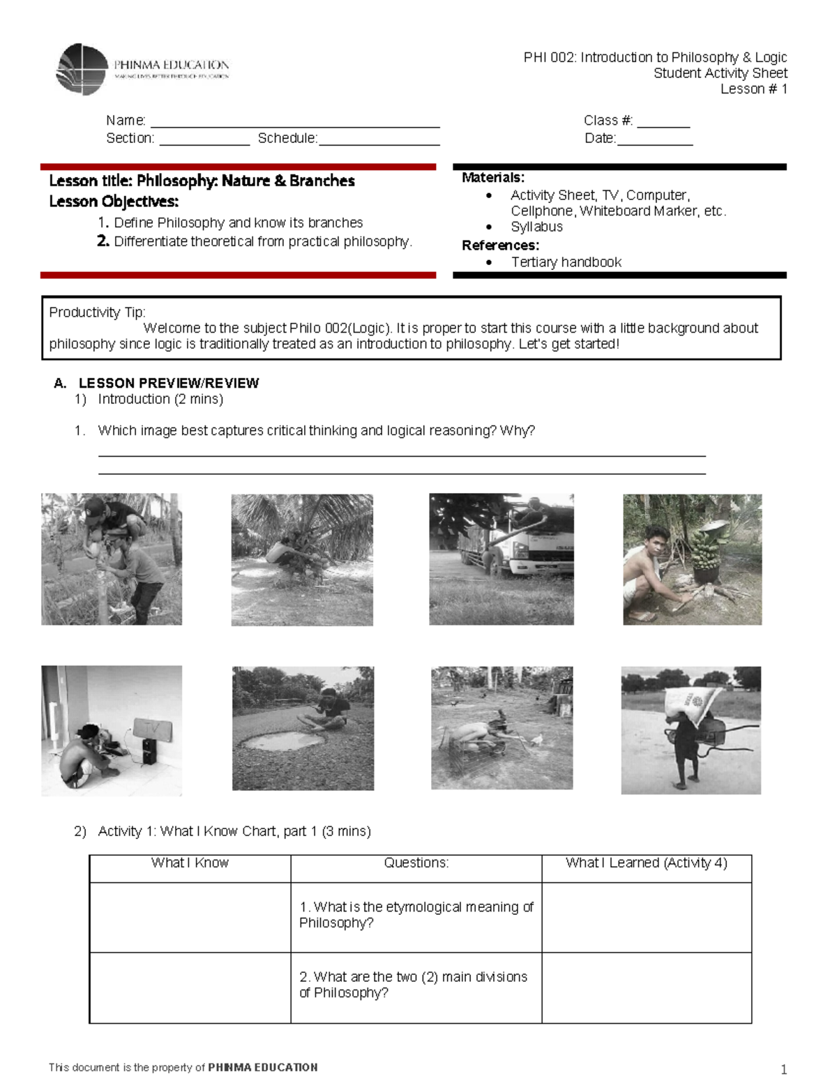PHI 002 Lesson 1: Intro to Philosophy & Branches of Logic - Studocu