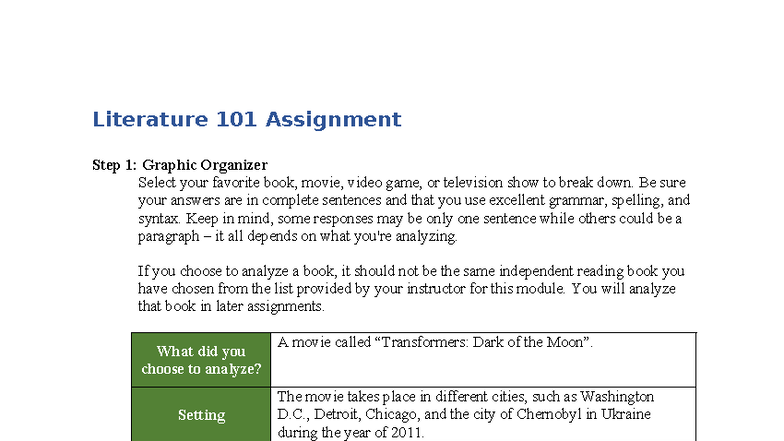 Literature 101 Assignment: Graphic Organizer for Analysis - Studocu