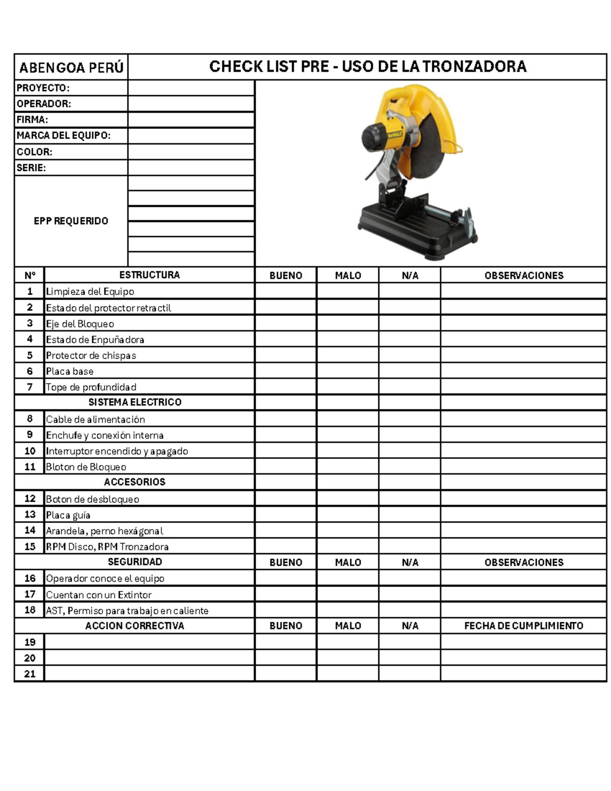 Check LIST PRE - USO DE LA Tronzadora - N° BUENO MALO N/A OBSERVACIONES ...
