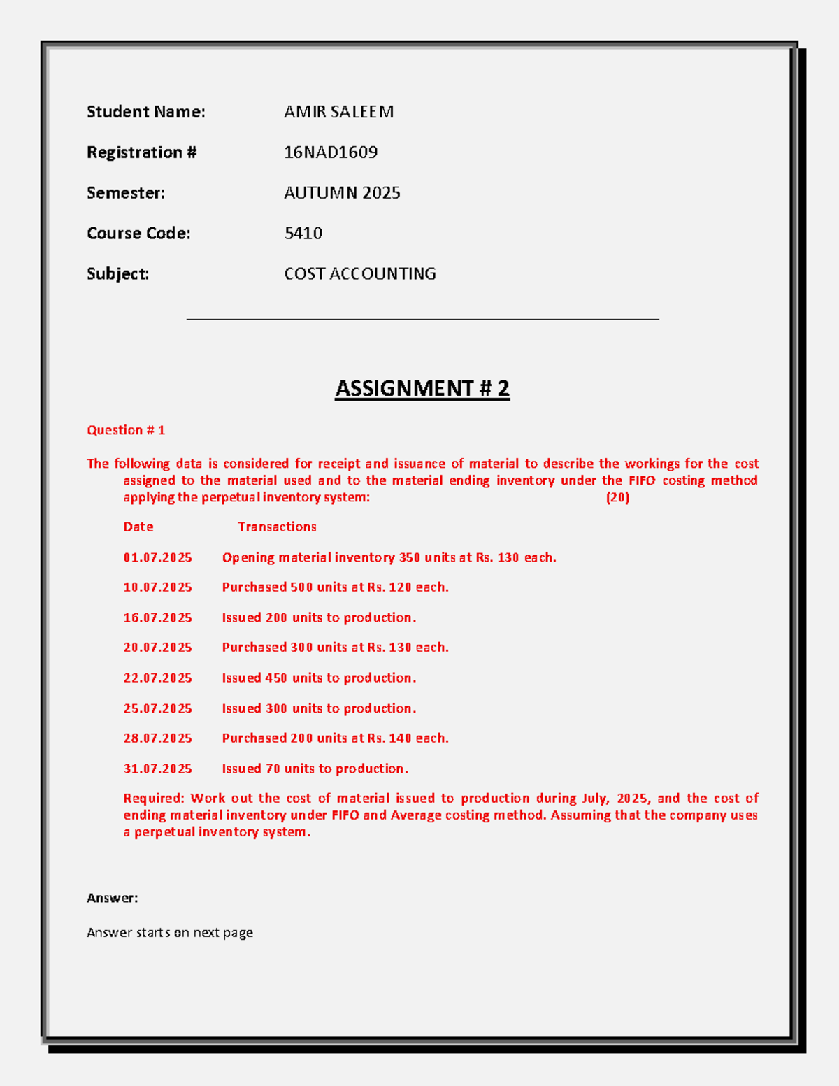 5410 - Cost Accounting Assignment 2: FIFO & Overhead Allocation - Studocu