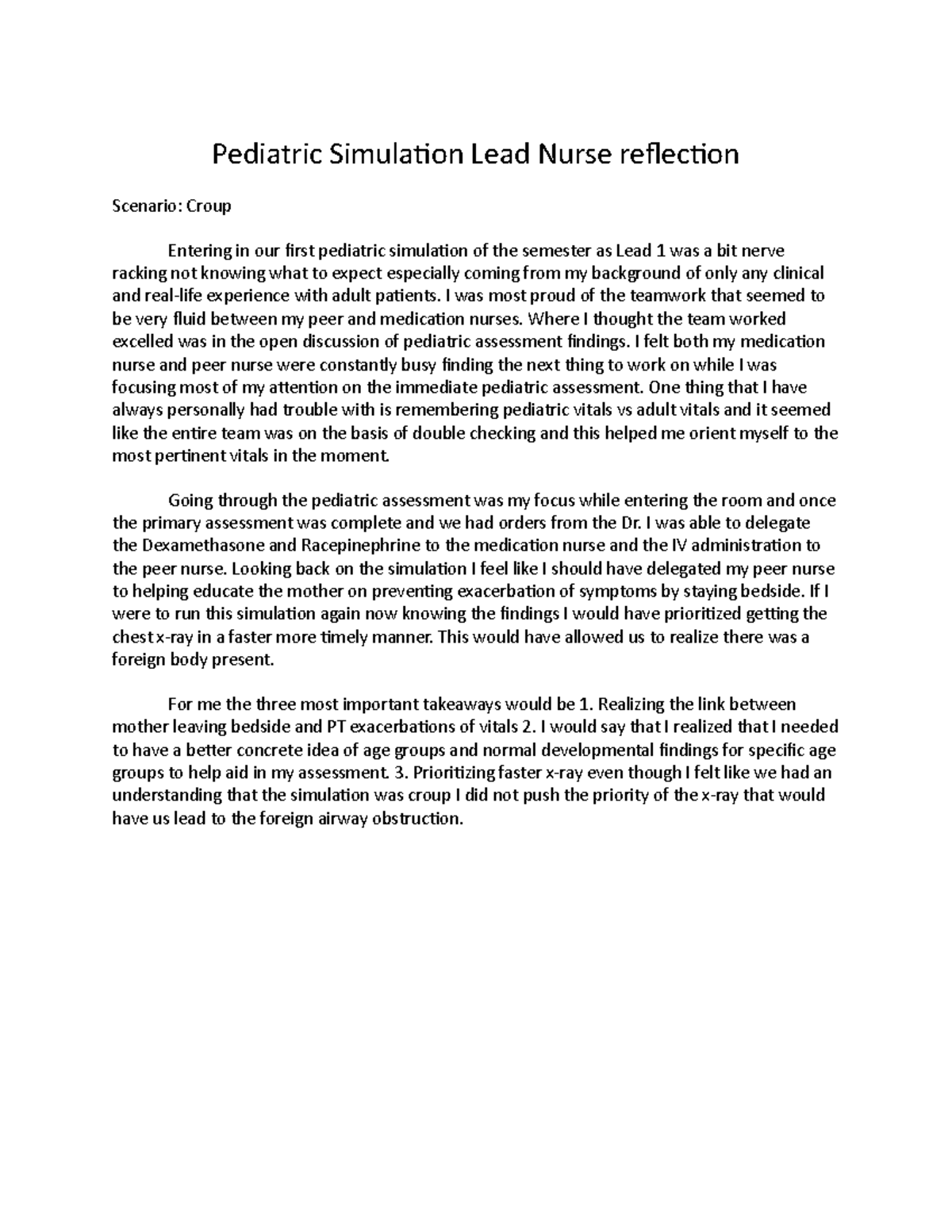 PEDS Croup Lead Reflection - Pediatric Simulation Lead Nurse reflection ...