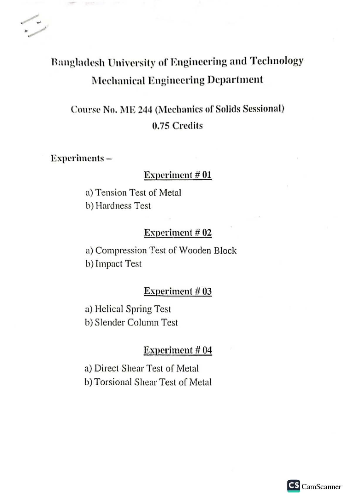 ME 244 Mechanics of Solids Sessional Lab Sheet - Experiments ...