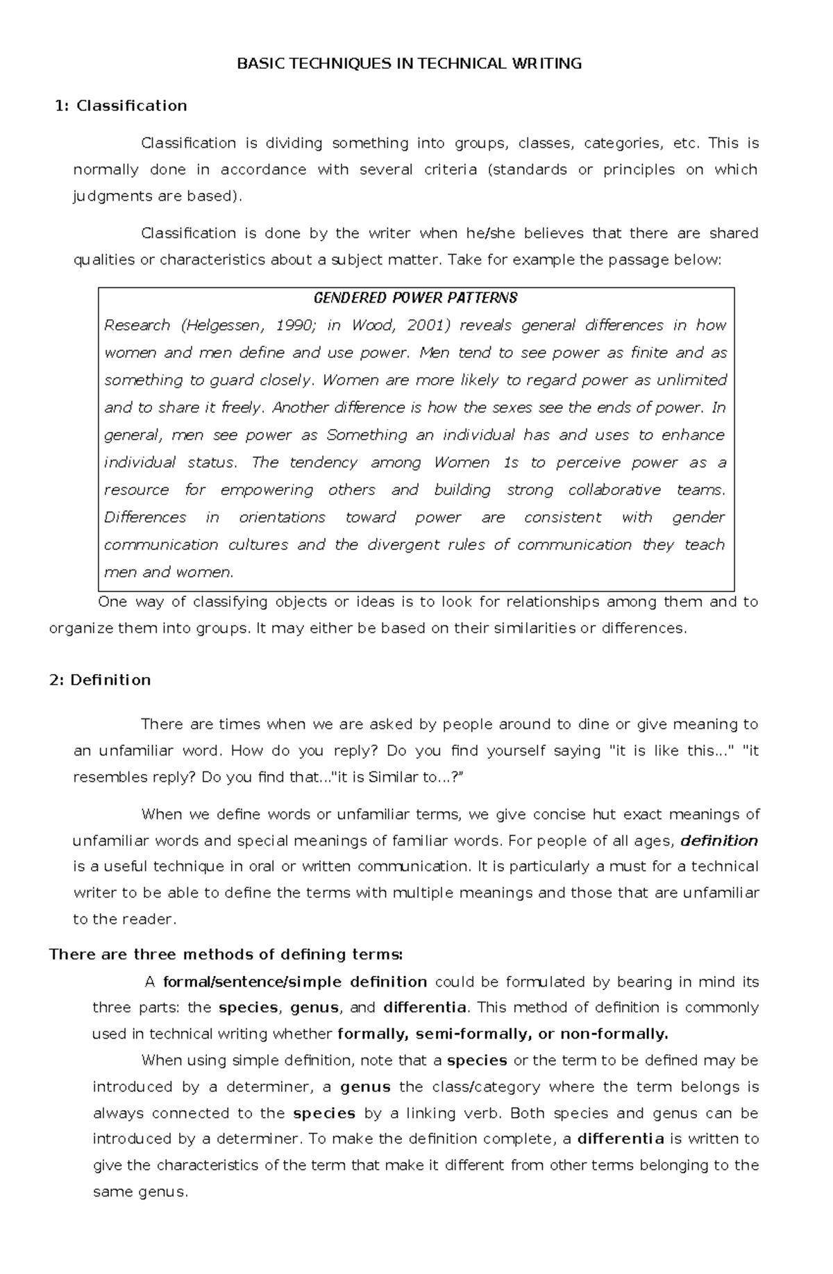 BASIC TECHNIQUES IN TECHNICAL WRITING: Classification & Definition ...