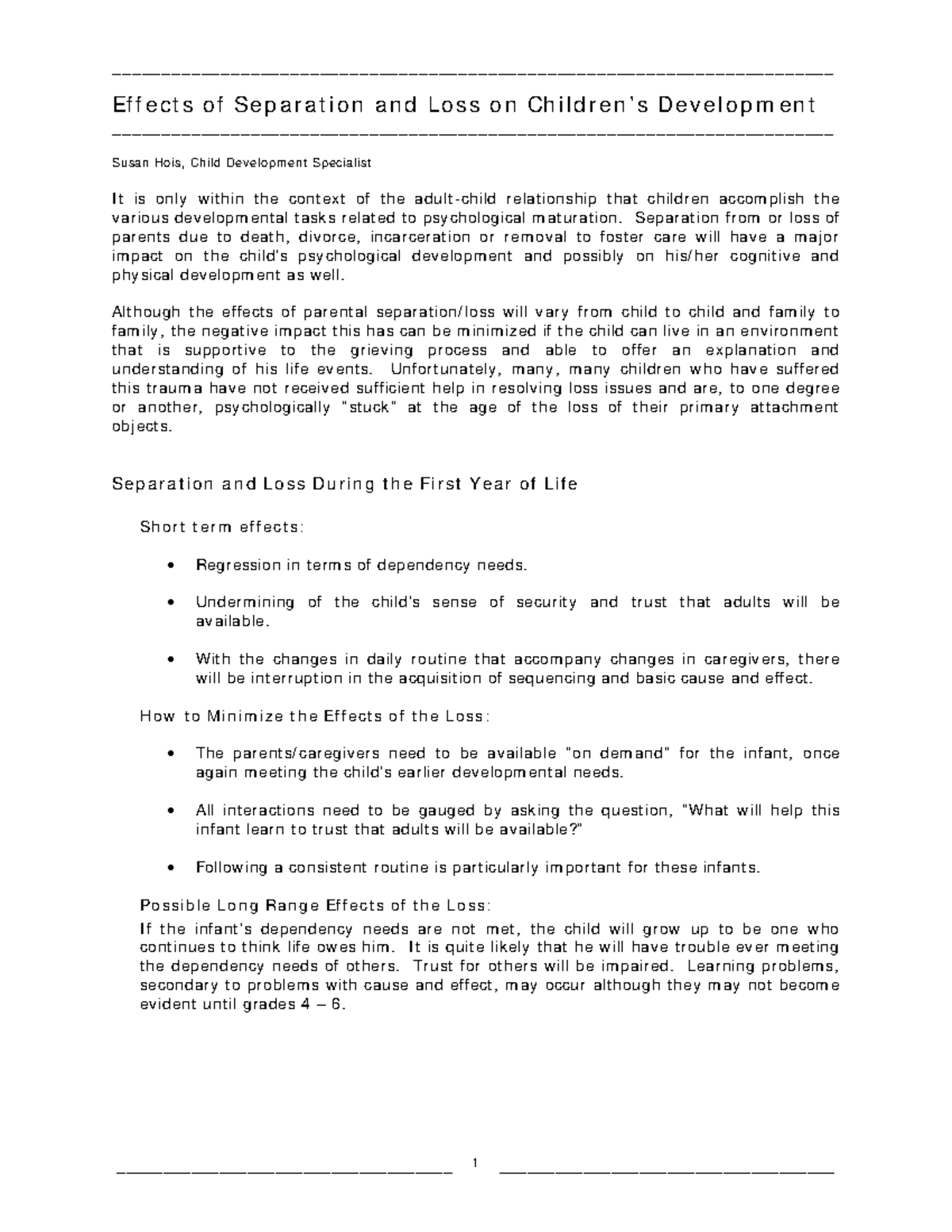 SWK352 Effects of Separation and Loss on Child's Development - Effects ...