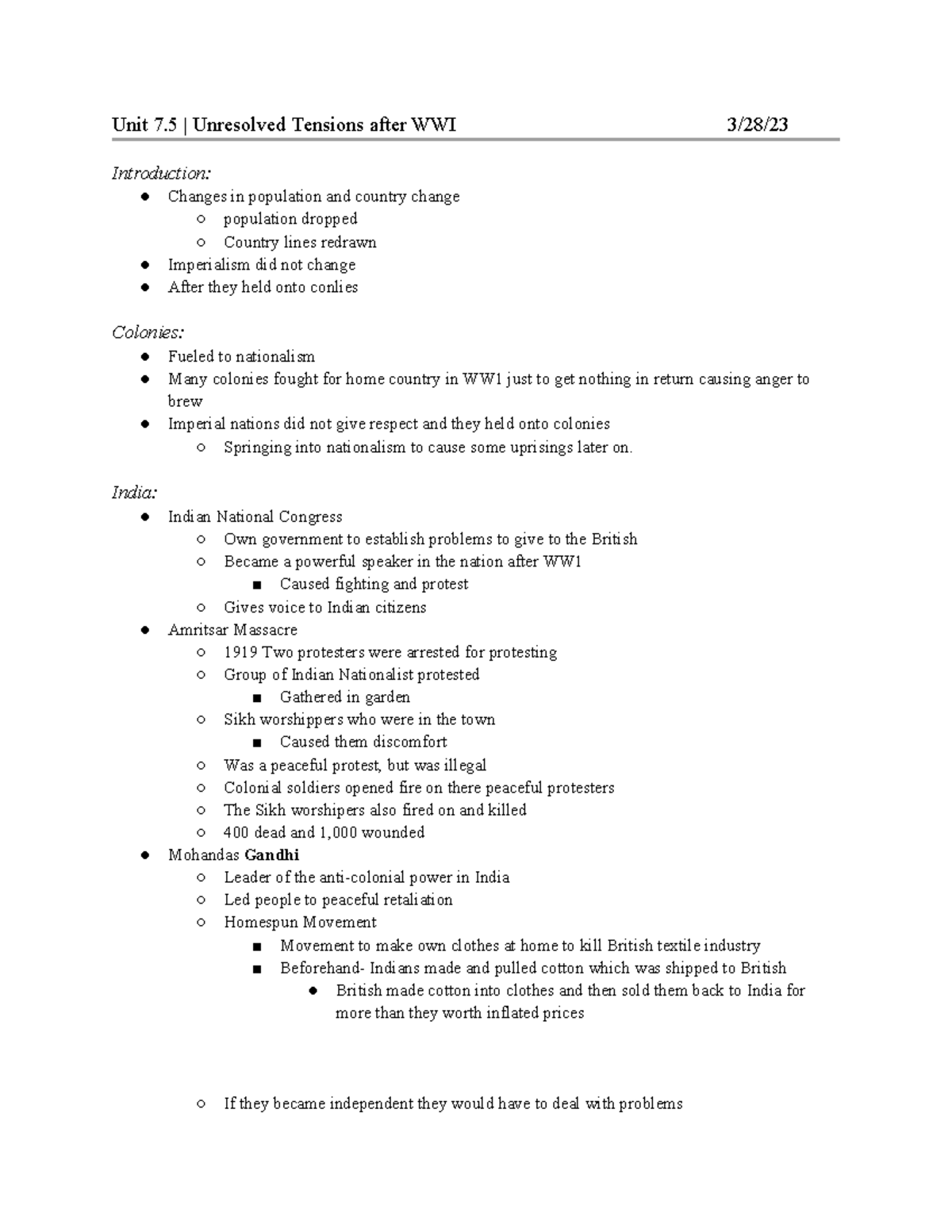 Unit 7.5 Notes: Nationalism and Unresolved Tensions Post-WWI - Studocu