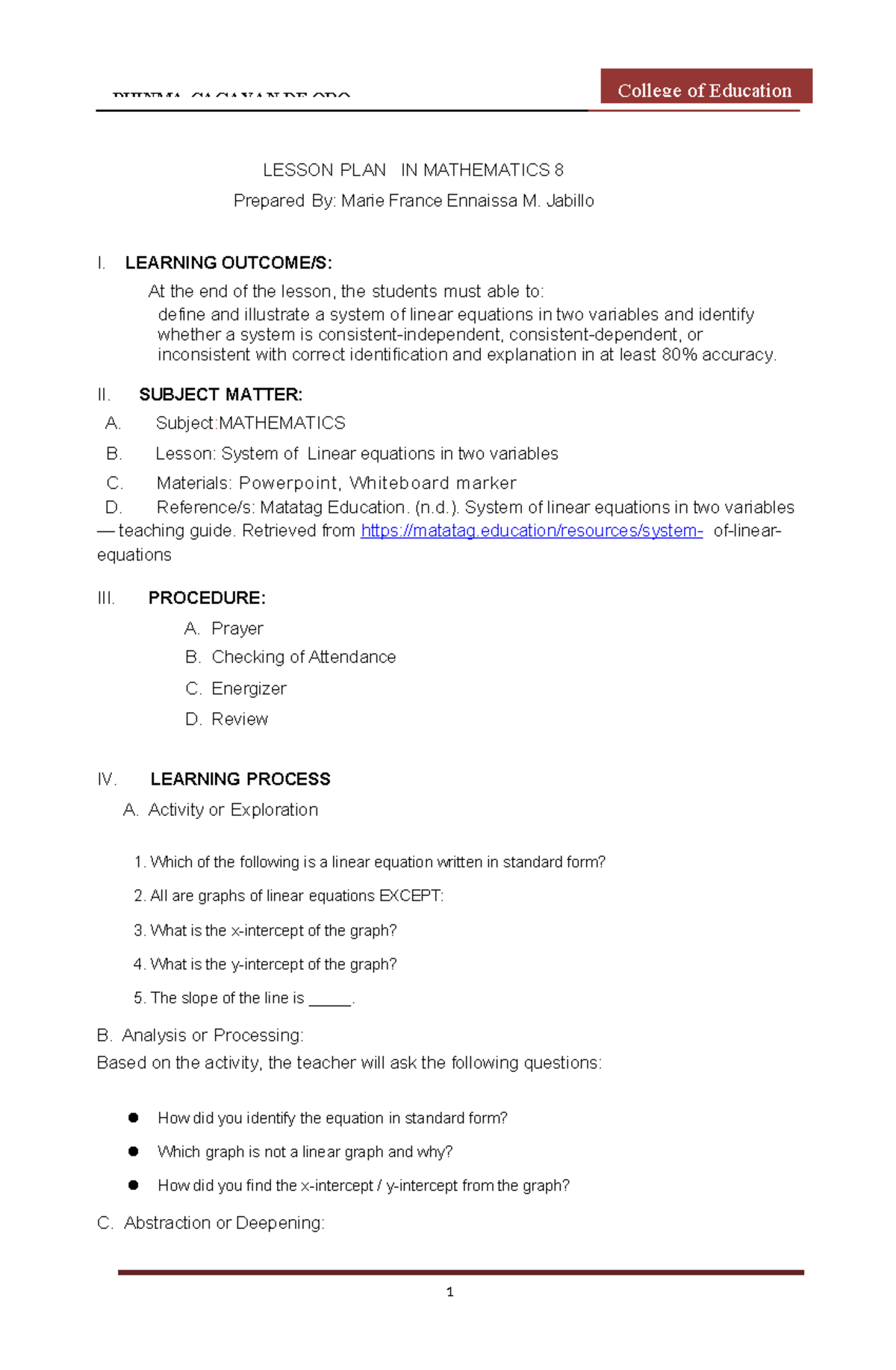 MATHEMATICS 8 LESSON PLAN: SYSTEM OF LINEAR EQUATIONS - Studocu