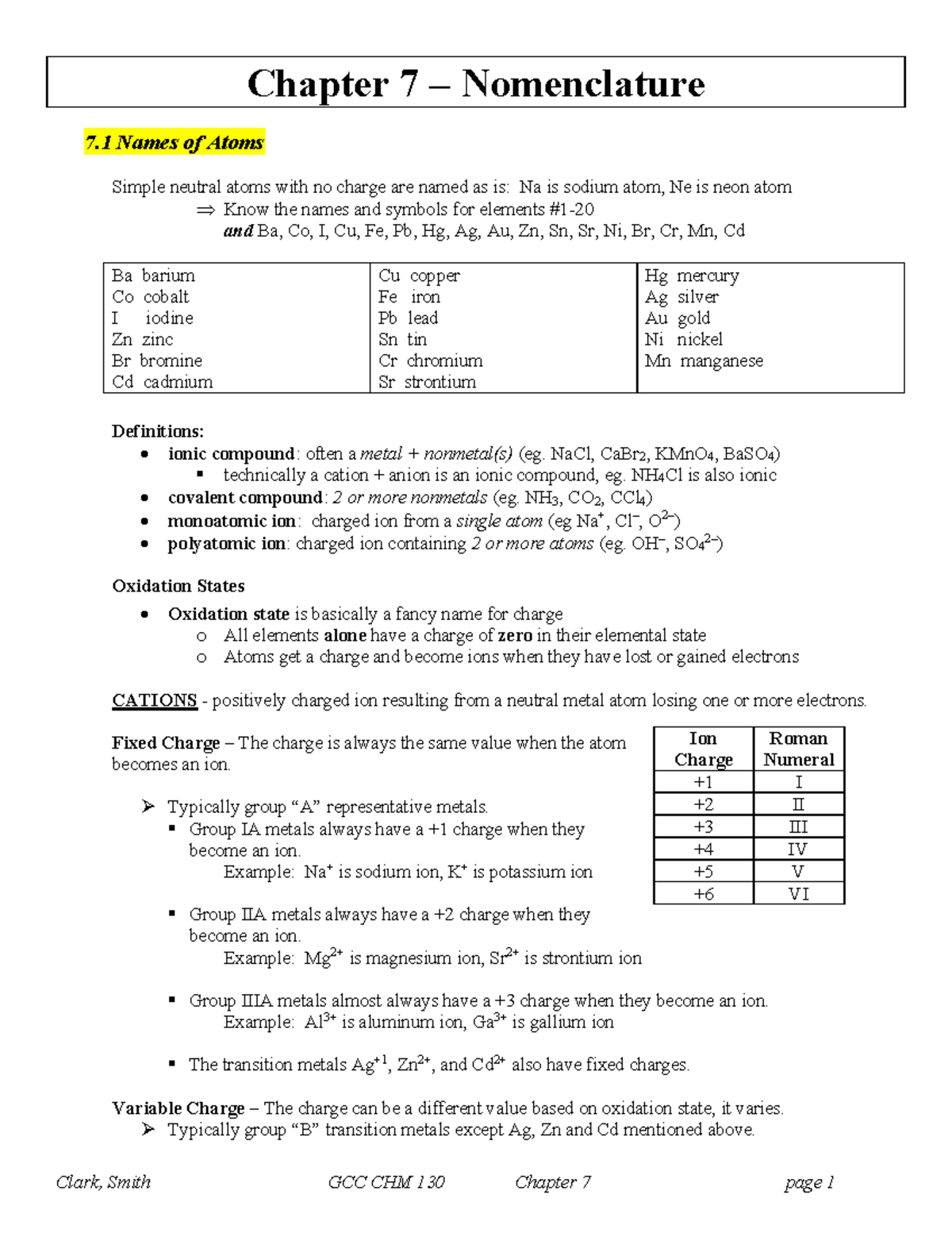 GCC CHM 130 Chapter 7 - Nomenclature & Ionic/Covalent Compounds - Studocu