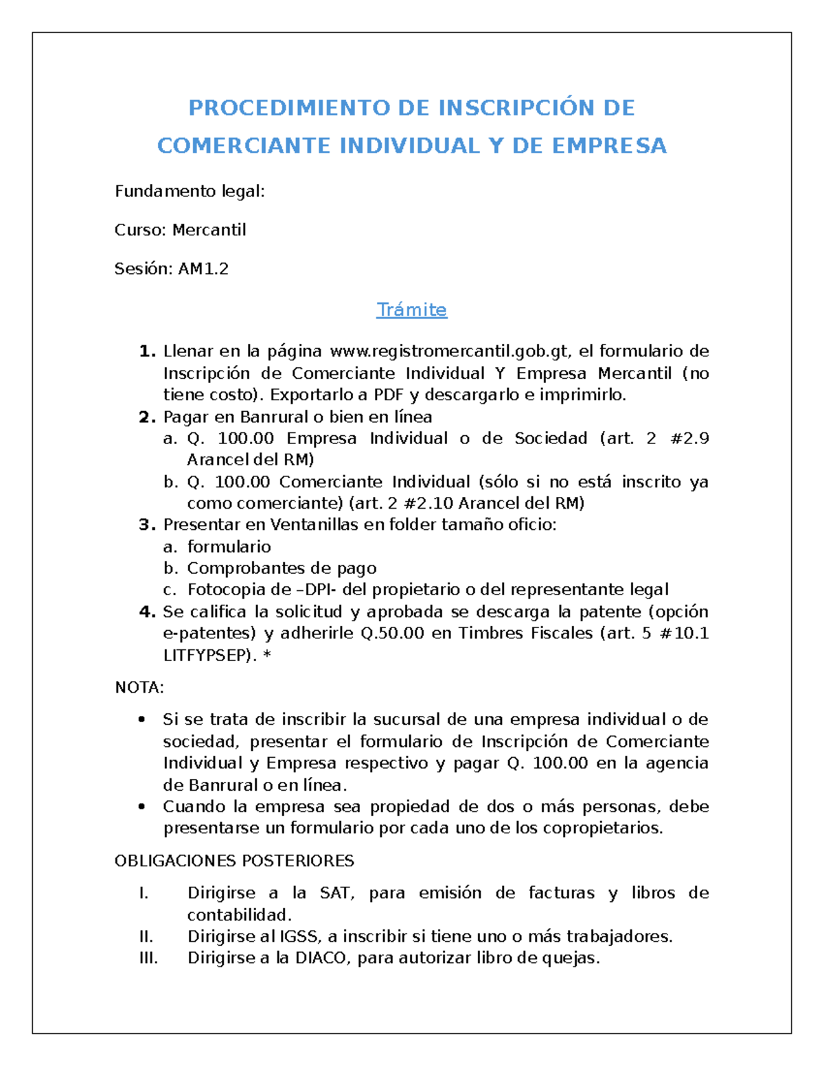 Procedimiento de Inscripción de Comerciante Individual y Empresa - Mercantil - Studocu
