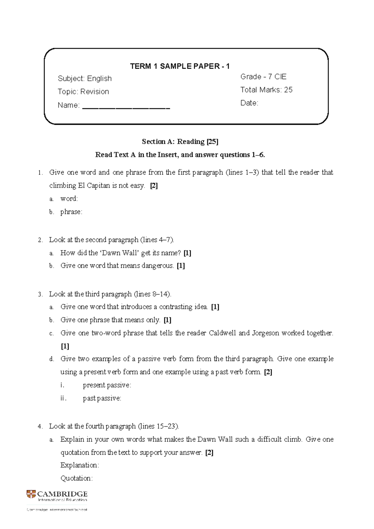 TERM 1 SAMPLE PAPER 1: English Grade 7 CIE Reading Revision - Studocu