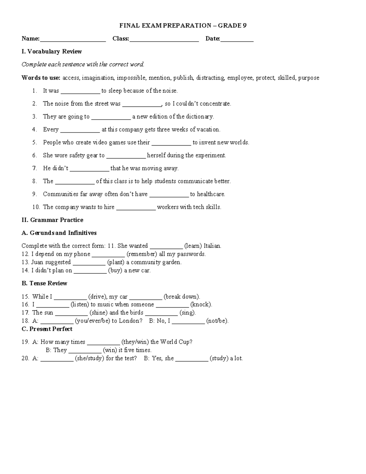Grade 9 Final Exam - Vocabulary & Grammar Review - Studocu