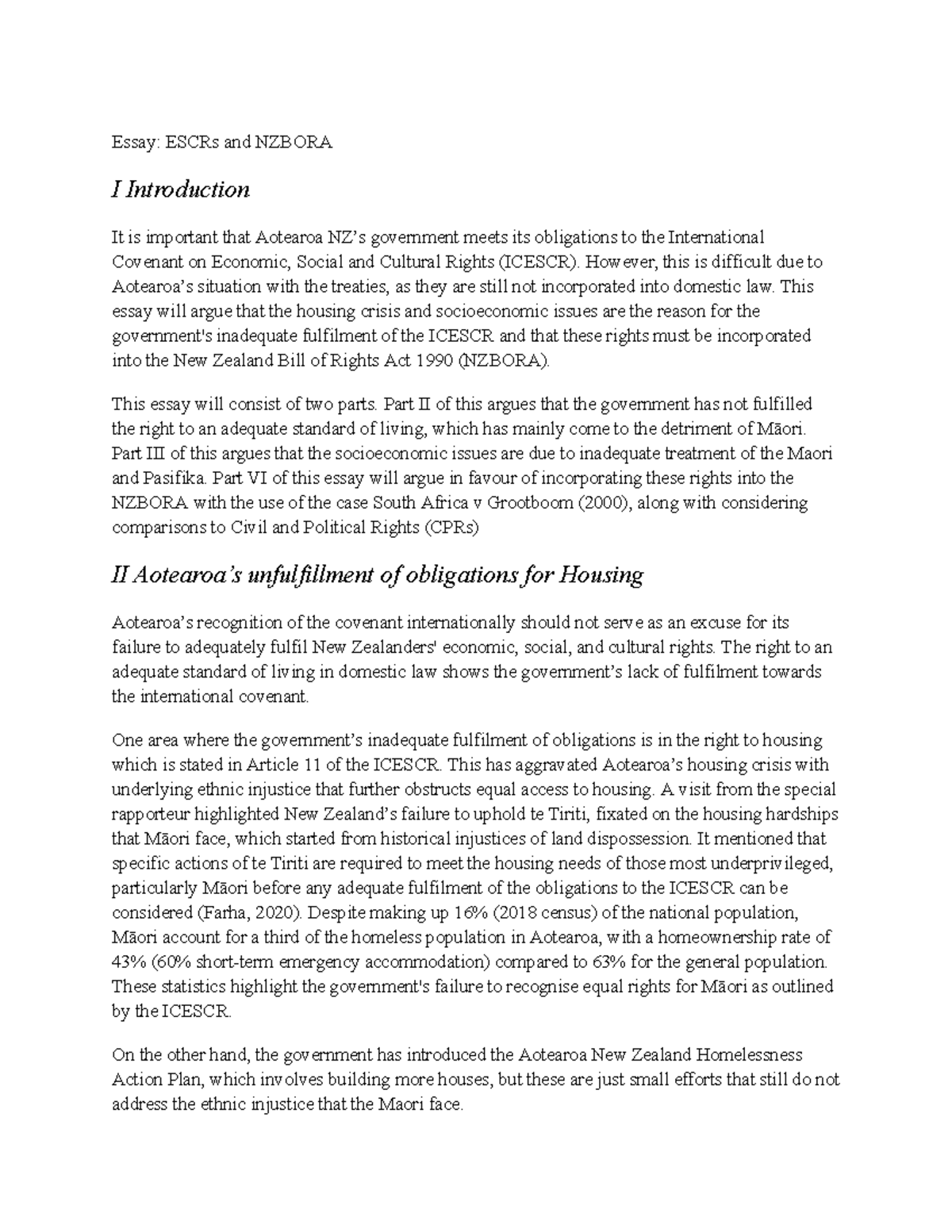 "Essay on ESCRs and NZBORA: Addressing Housing and Ethnic Injustices ...