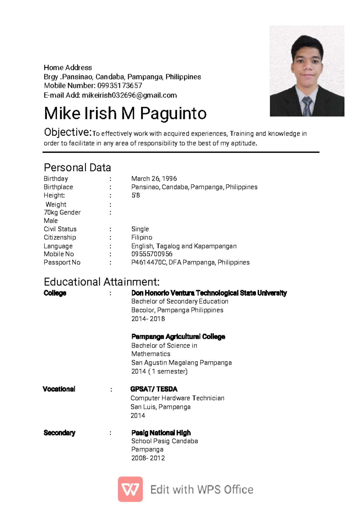 Mike Irish M. Paguinto CV - Educational & Work Experience Overview ...