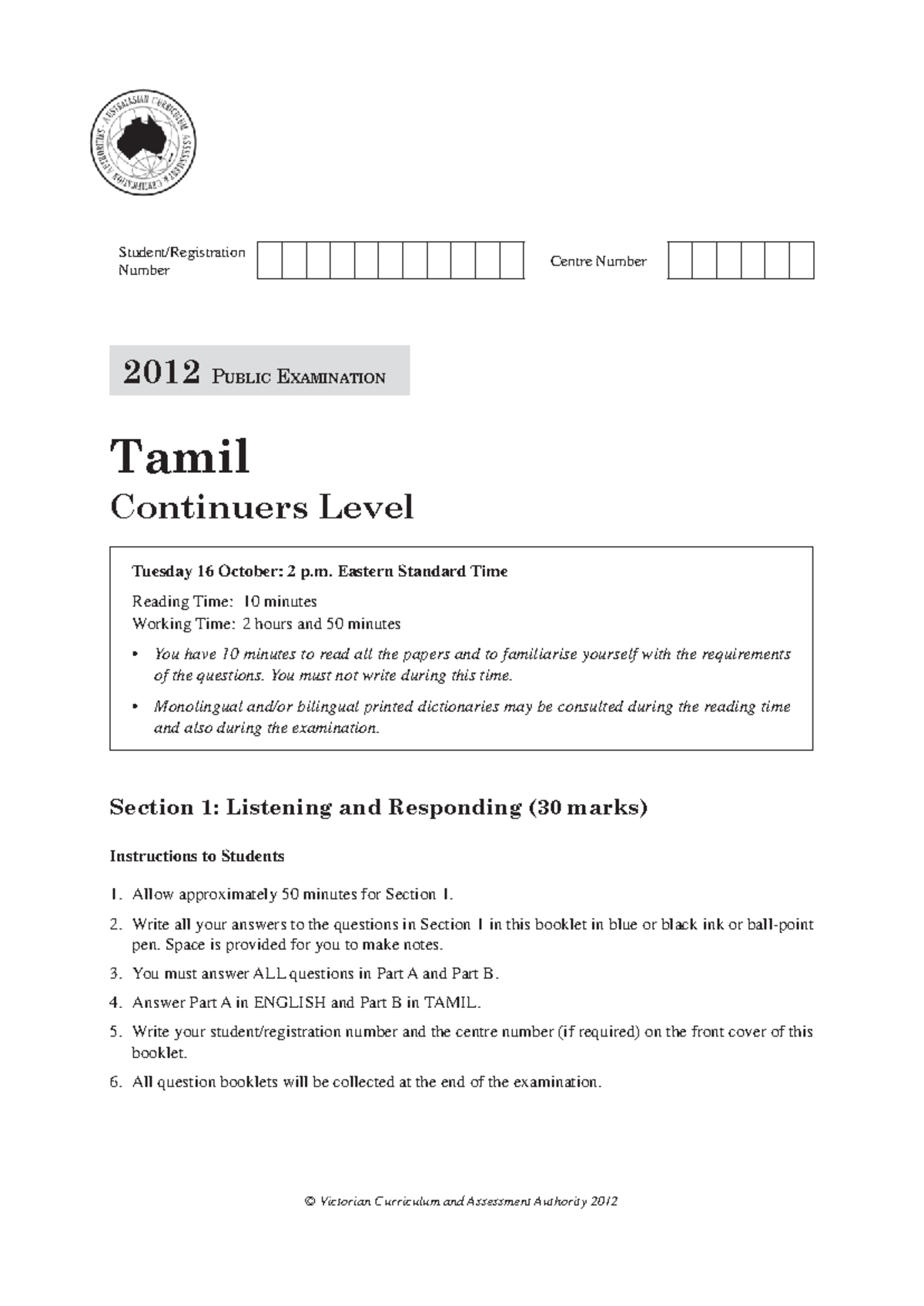 2012 Public Exam: Tamil Continuers Level - Listening & Reading Sections ...