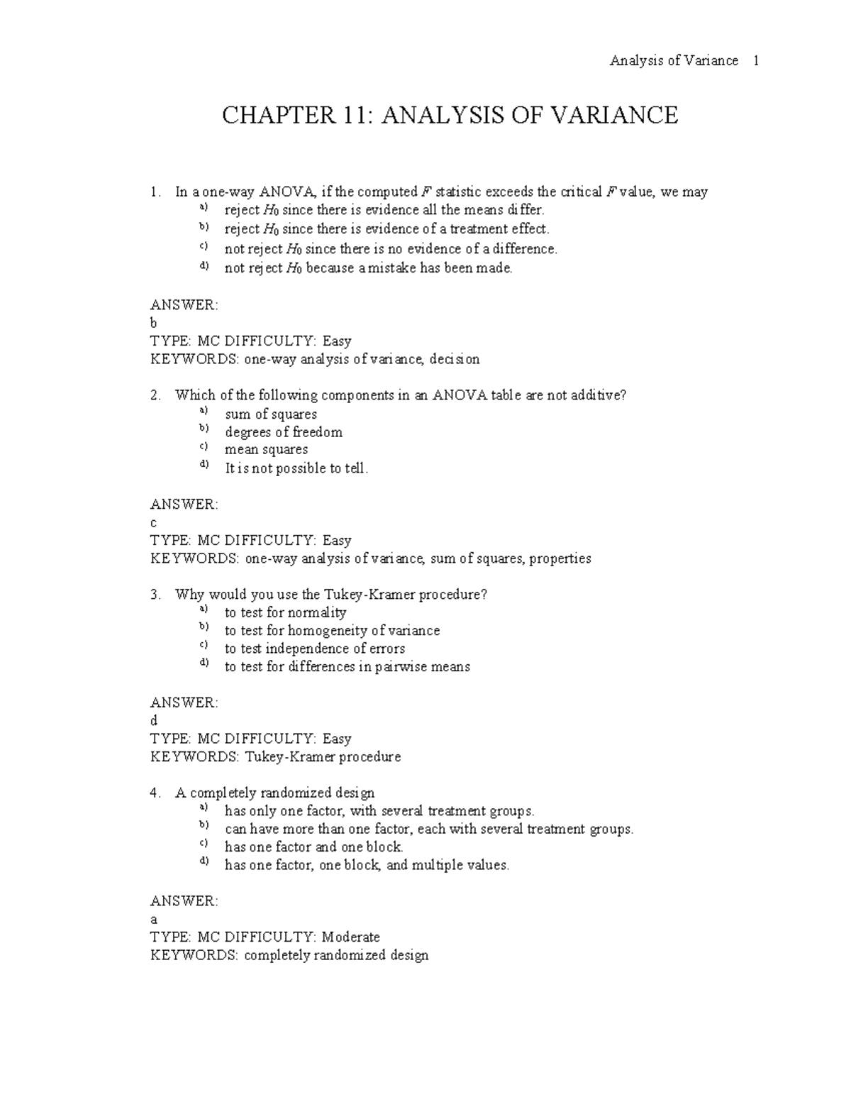 Analysis of Variance 1: Key Concepts and MCQs from Chapter 11 - Studocu