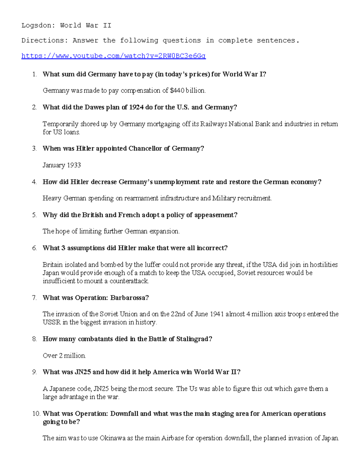World History Exam Review: Key Events of WWII (Course Code: WH202 ...