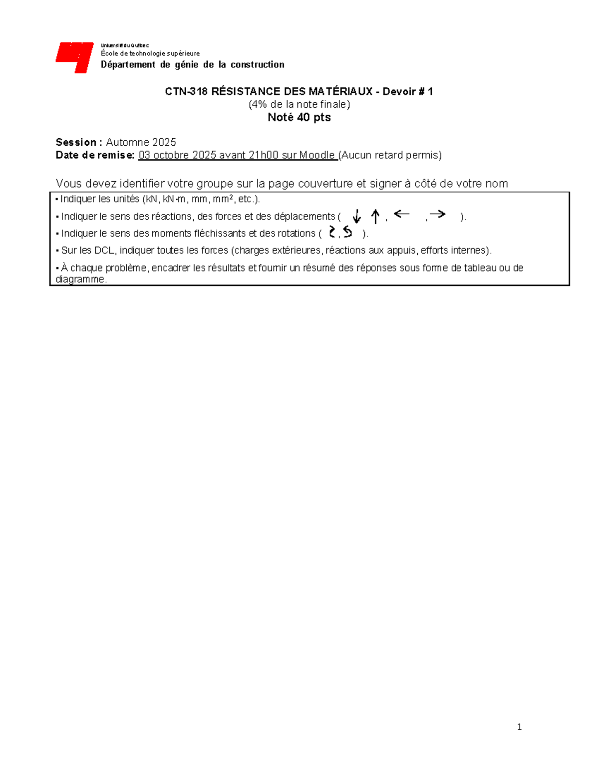 Devoir 1 - Résistance des Matériaux CTN318 Automne 2025 - Studocu