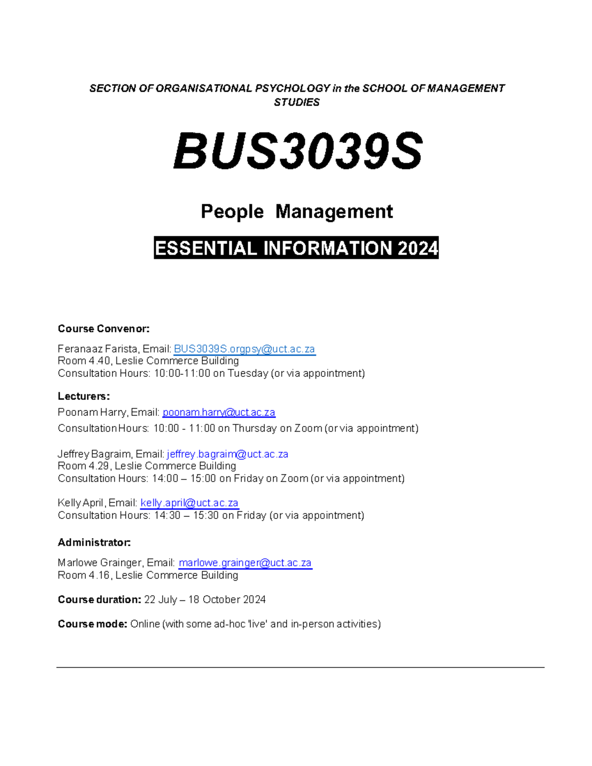 BUS3039S 2024 Organisational Psychology Course Overview & Structure ...