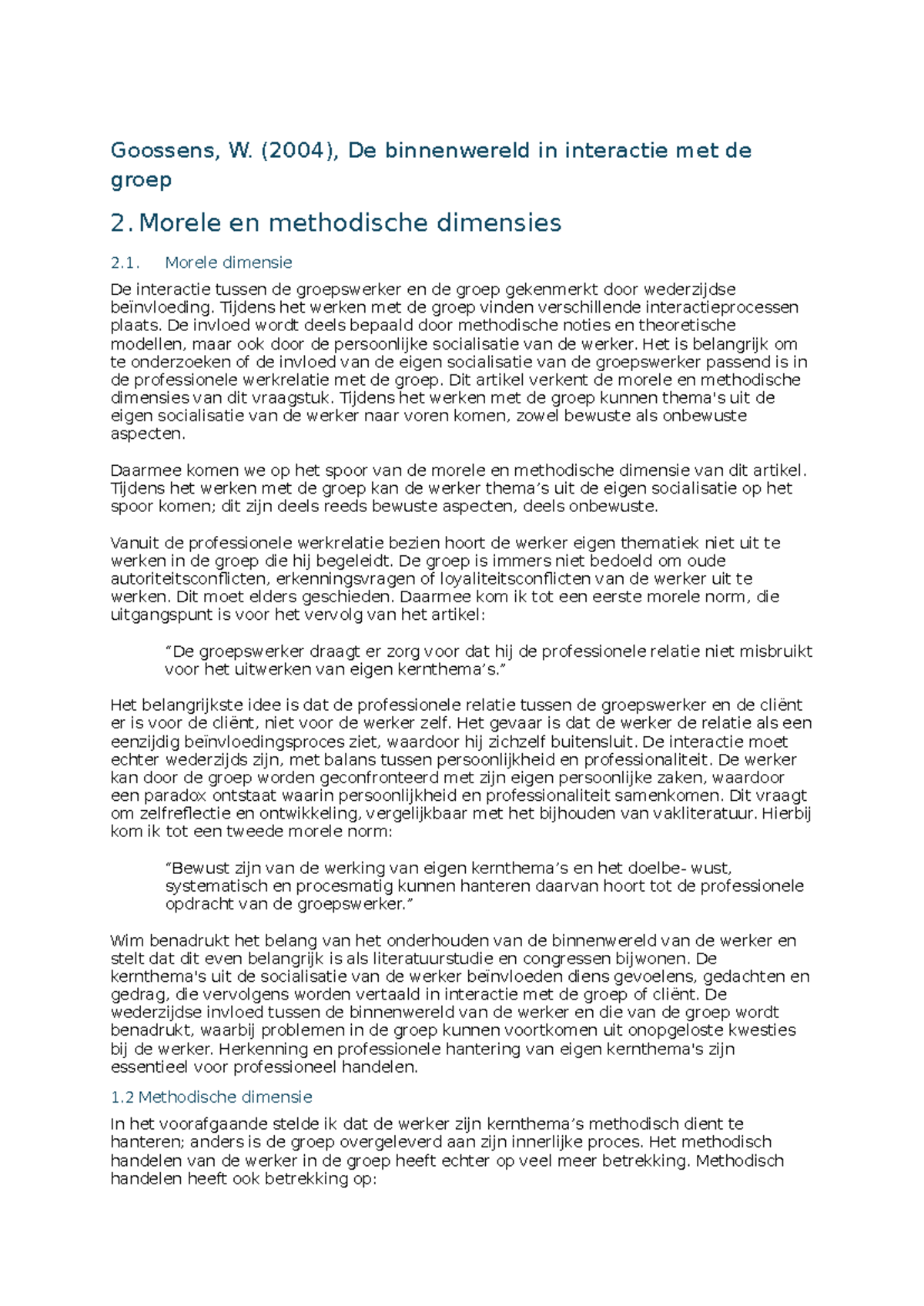 Morele en Methodische Dimensies in Groepswerk: Een Verkenning (Goossens ...