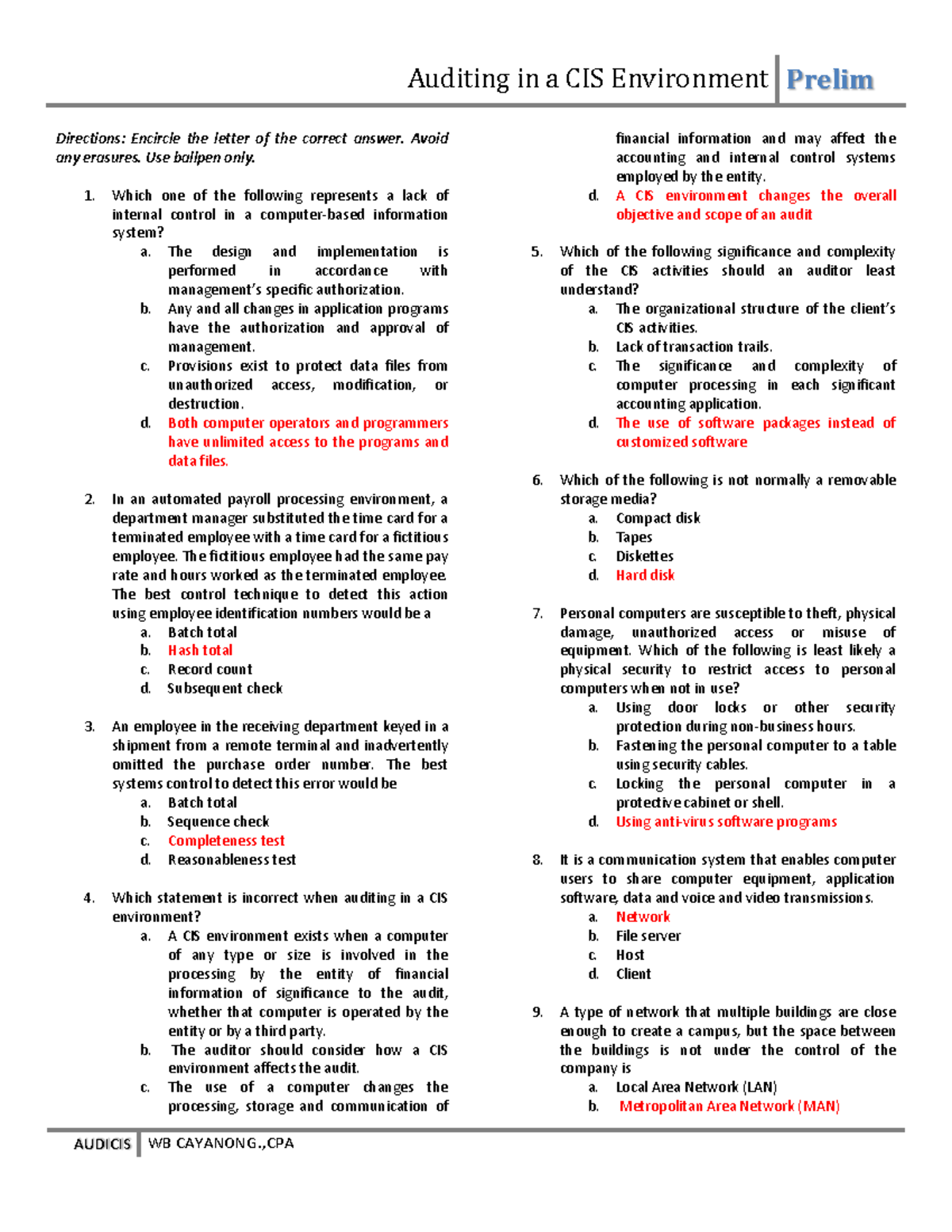 CIS-Prelim-Exam - Test Bank for Auditing in Computerized Info Systems ...