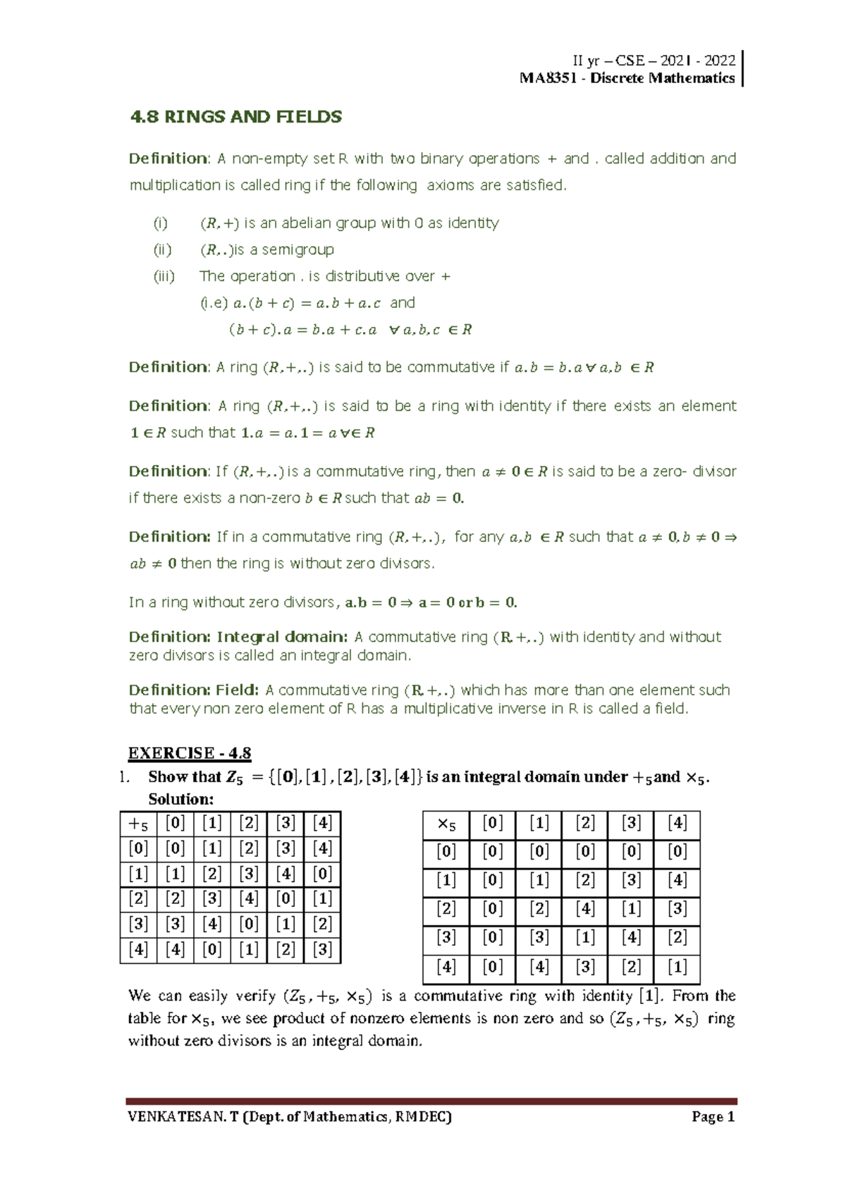 MA8351 - Discrete Mathematics: Rings and Fields Notes - Studocu