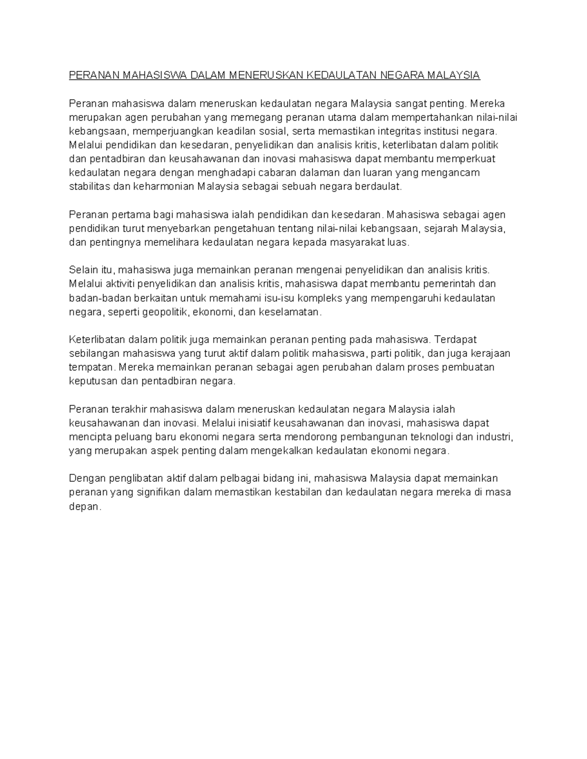 3.1 Peranan Mahasiswa Sebagai Agen Kedaulatan Negara Malaysia - Studocu