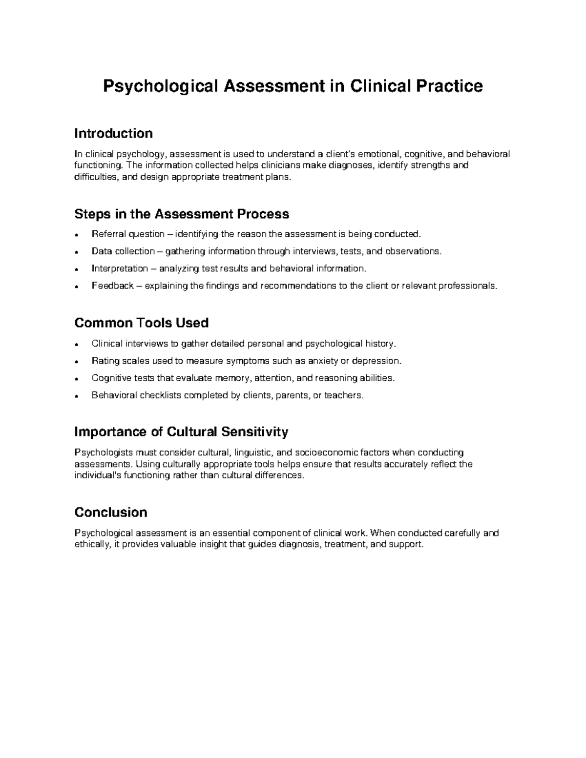 Psychological Assessment in Clinical Practice: Overview & Tools 3 - Studocu