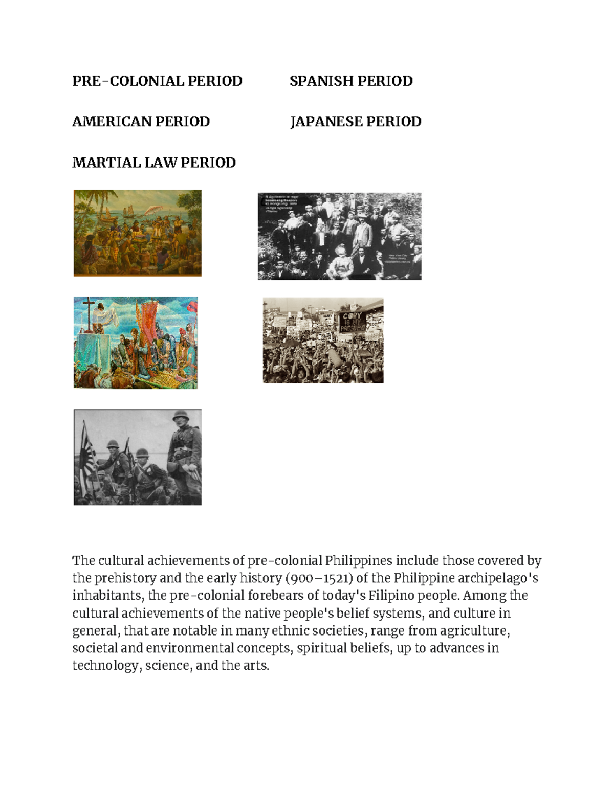 History of the Philippines: Pre-Colonial to Martial Law Periods - Studocu