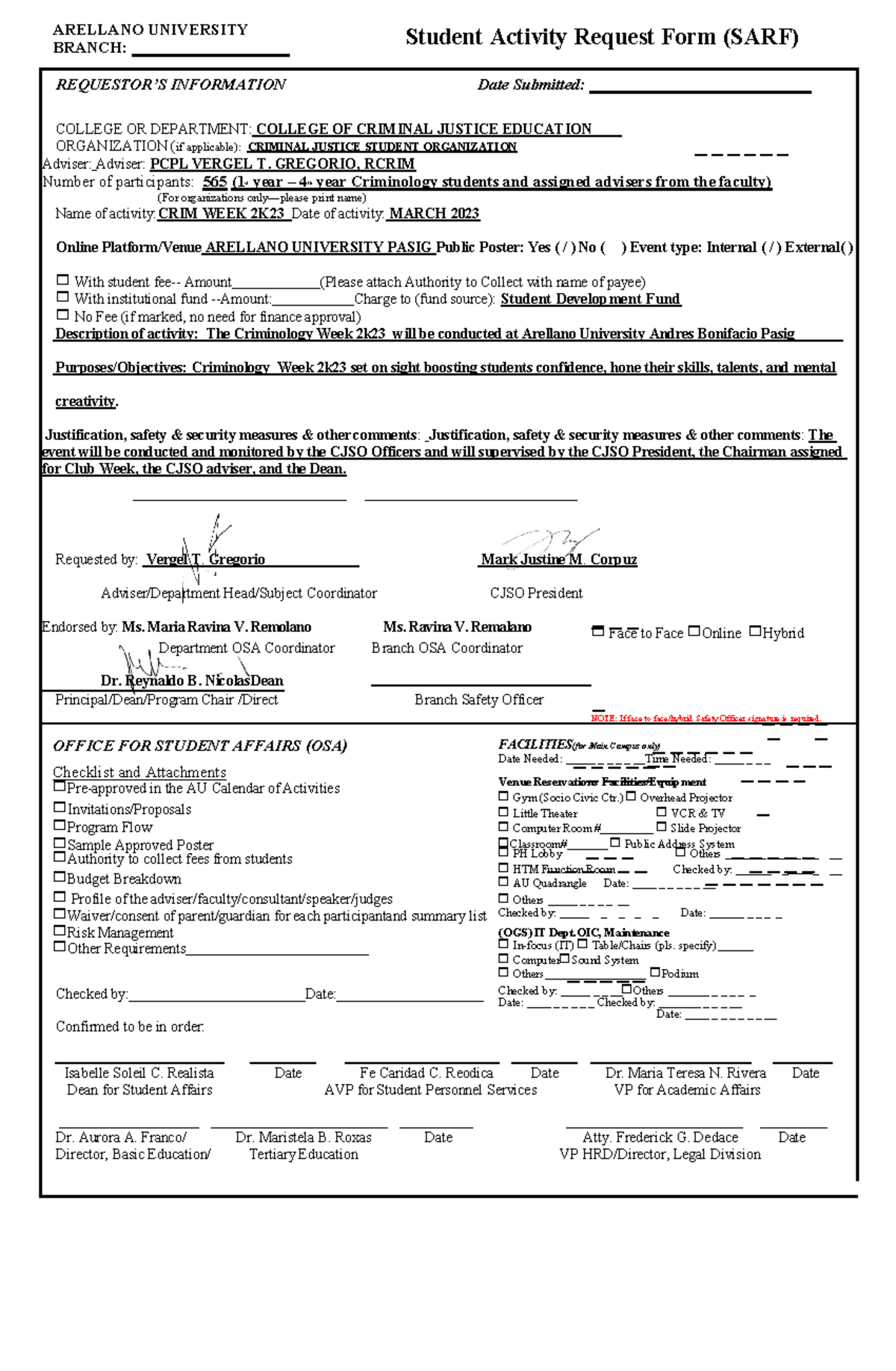 SARF Criminology-WEEK-2K23 - OFFICE OF STUDENT AFFAIRS (OSA) Pre & Post ...