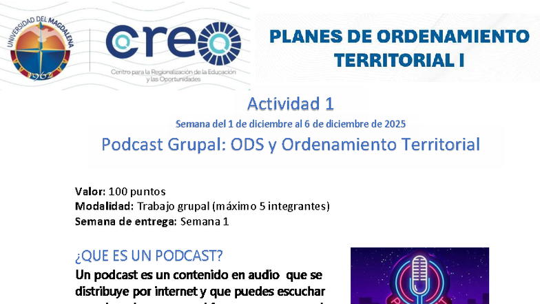 Actividad 1: Podcast sobre ODS y Ordenamiento Territorial (POT 1) - Studocu