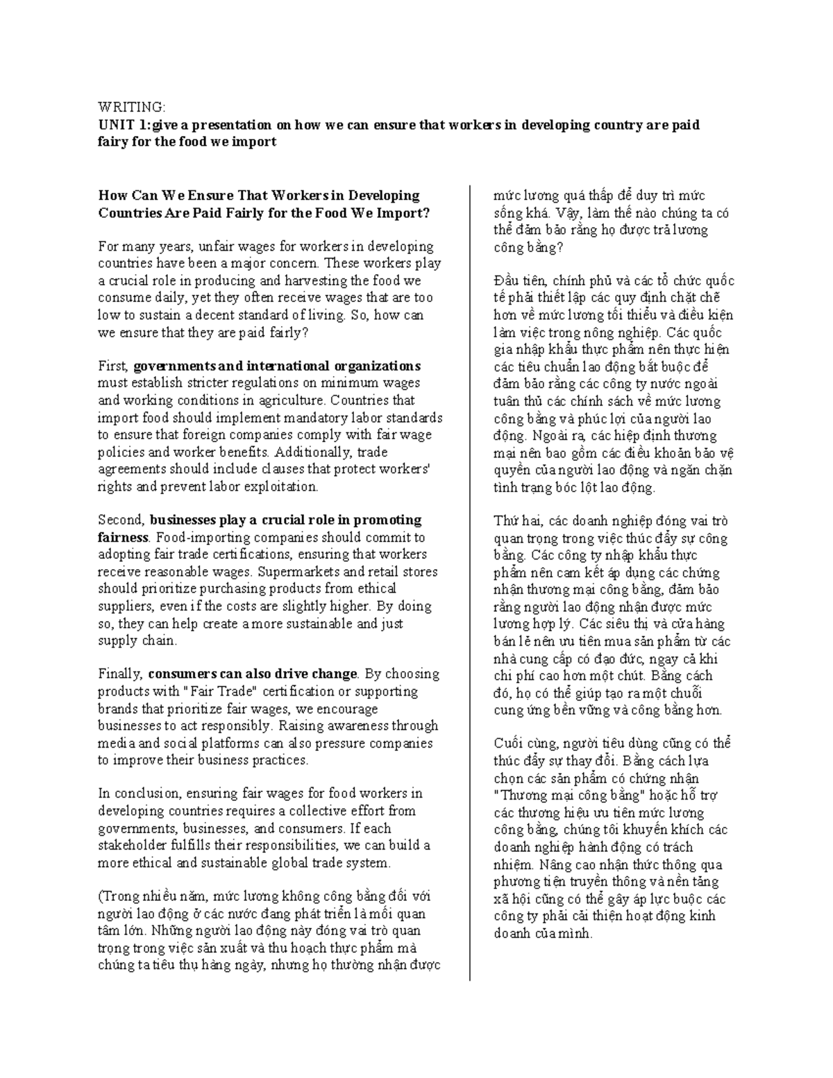 Writing: Unit 1 - Ensuring Fair Wages for Food Workers in Developing ...
