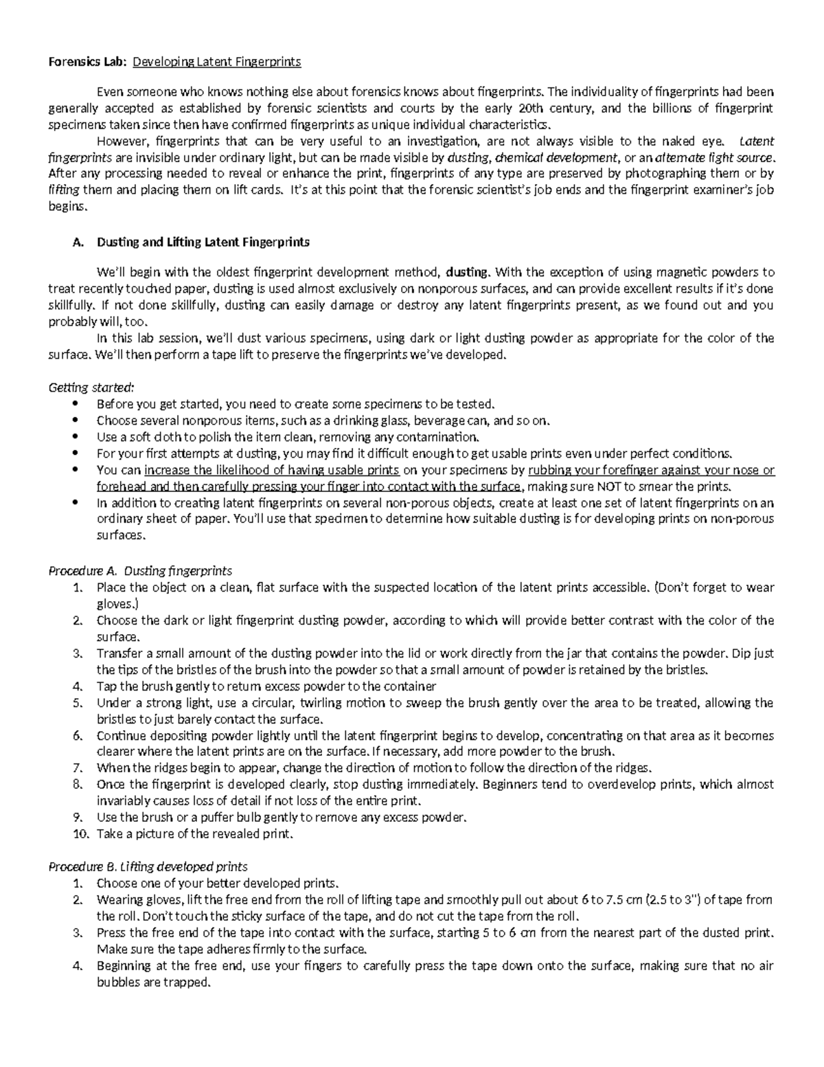 Forensics Lab: Developing Latent Fingerprints (Fingerprint Activity ...